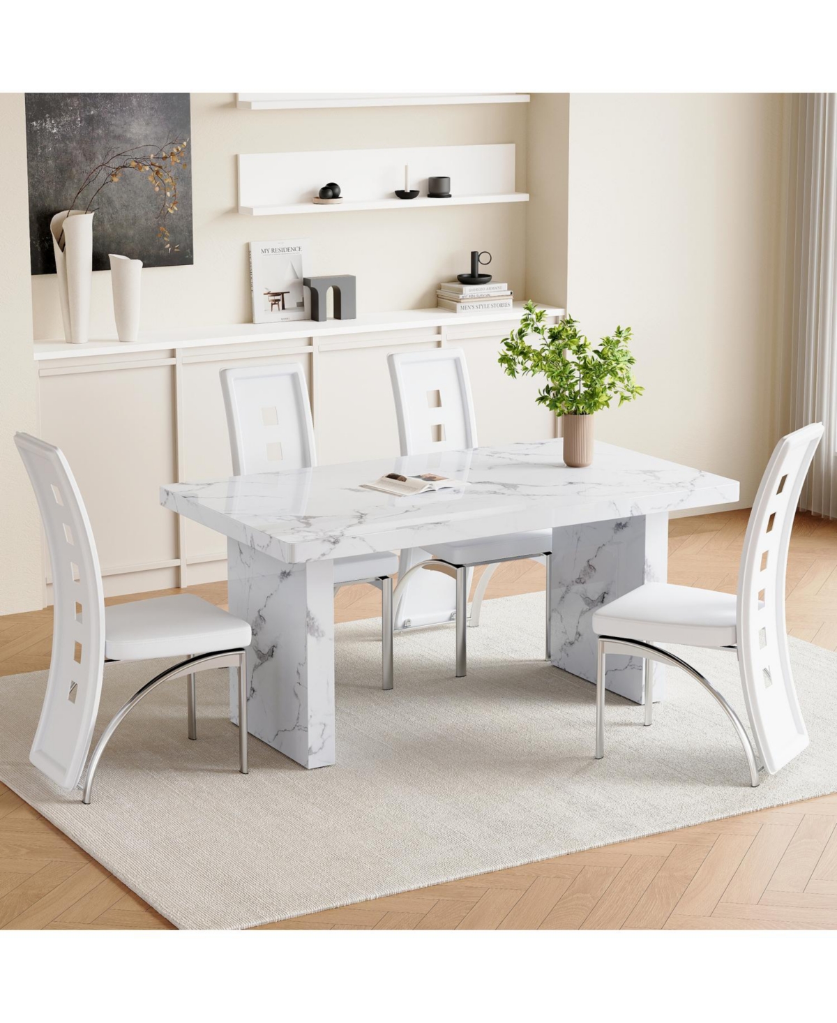 Click here for White Marble Dining Set - 4 Pu Chairs  Silver Legs... prices