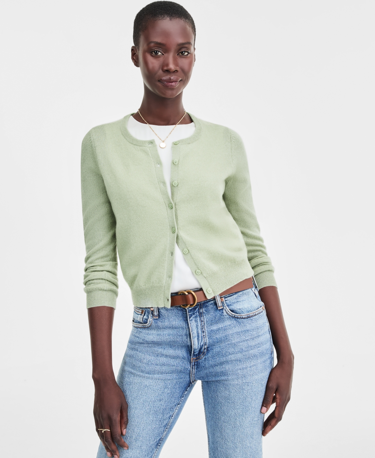 Charter Club Womens 100 Cashmere Crewneck Cardigan  Macys Exclusive - Eucalyptus