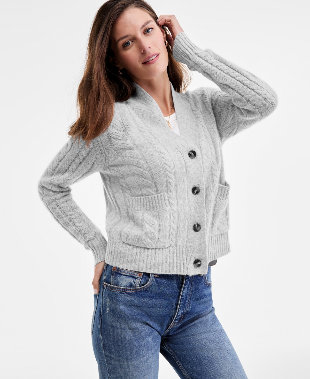 Click here for Charter Club Petite Cashmere Cable-Knit Button-Fro... prices