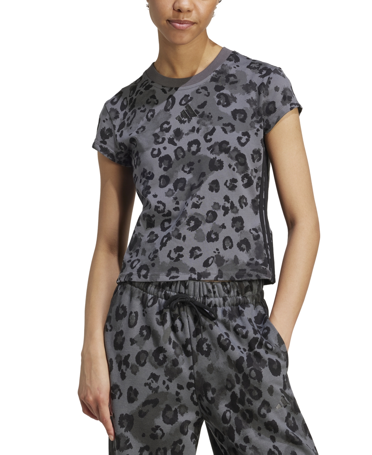 Click here for adidas Womens Leopard-Print Trim Slim-Fit T-Shirt... prices