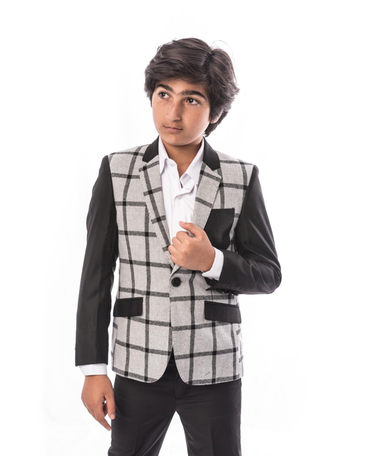 Click here for Elie Balleh Boys Grey Slim Fit Windowpane Plaid Bl... prices