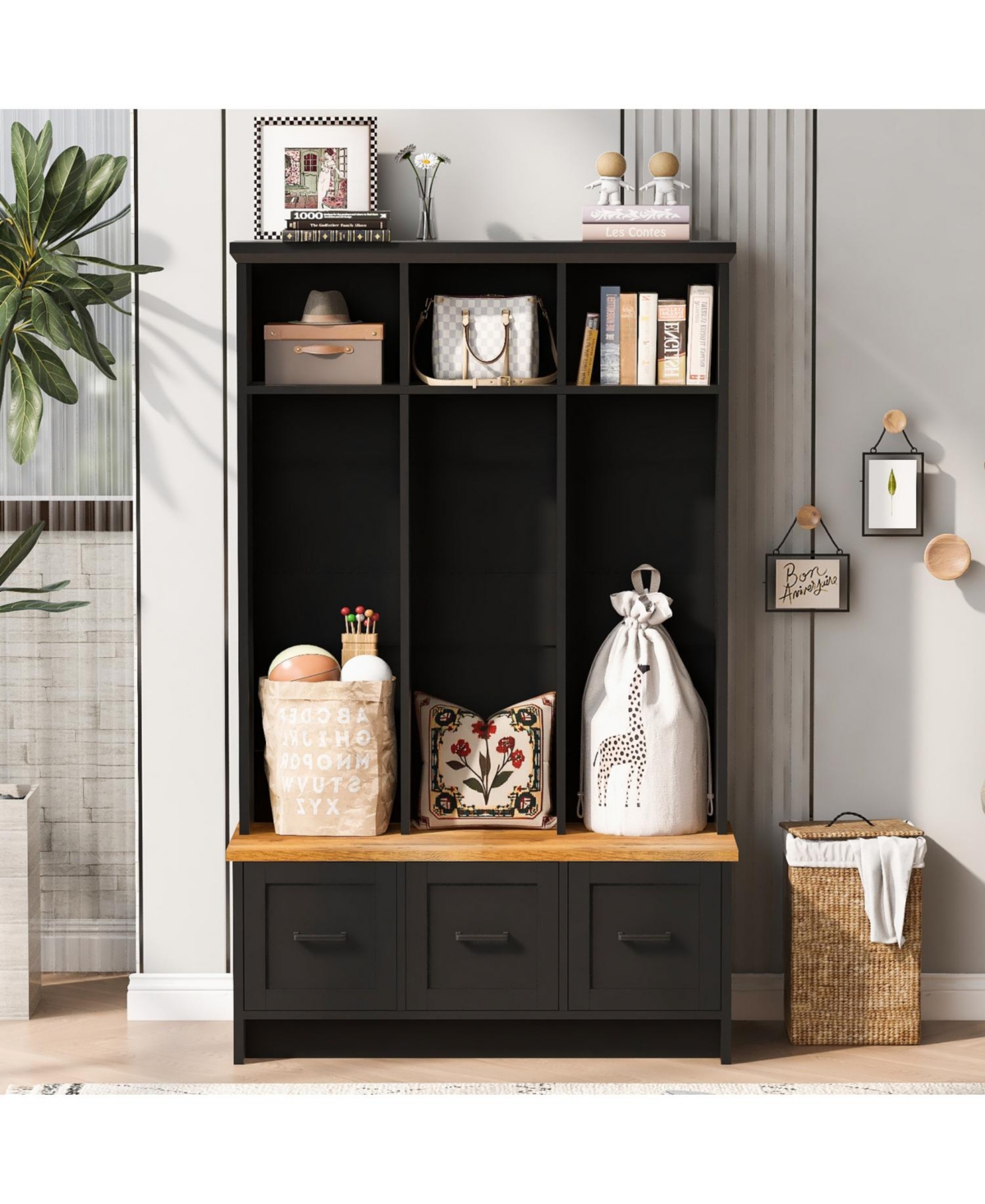 Click here for Hall Tree with Bench  Shelves & Drawers - Black prices
