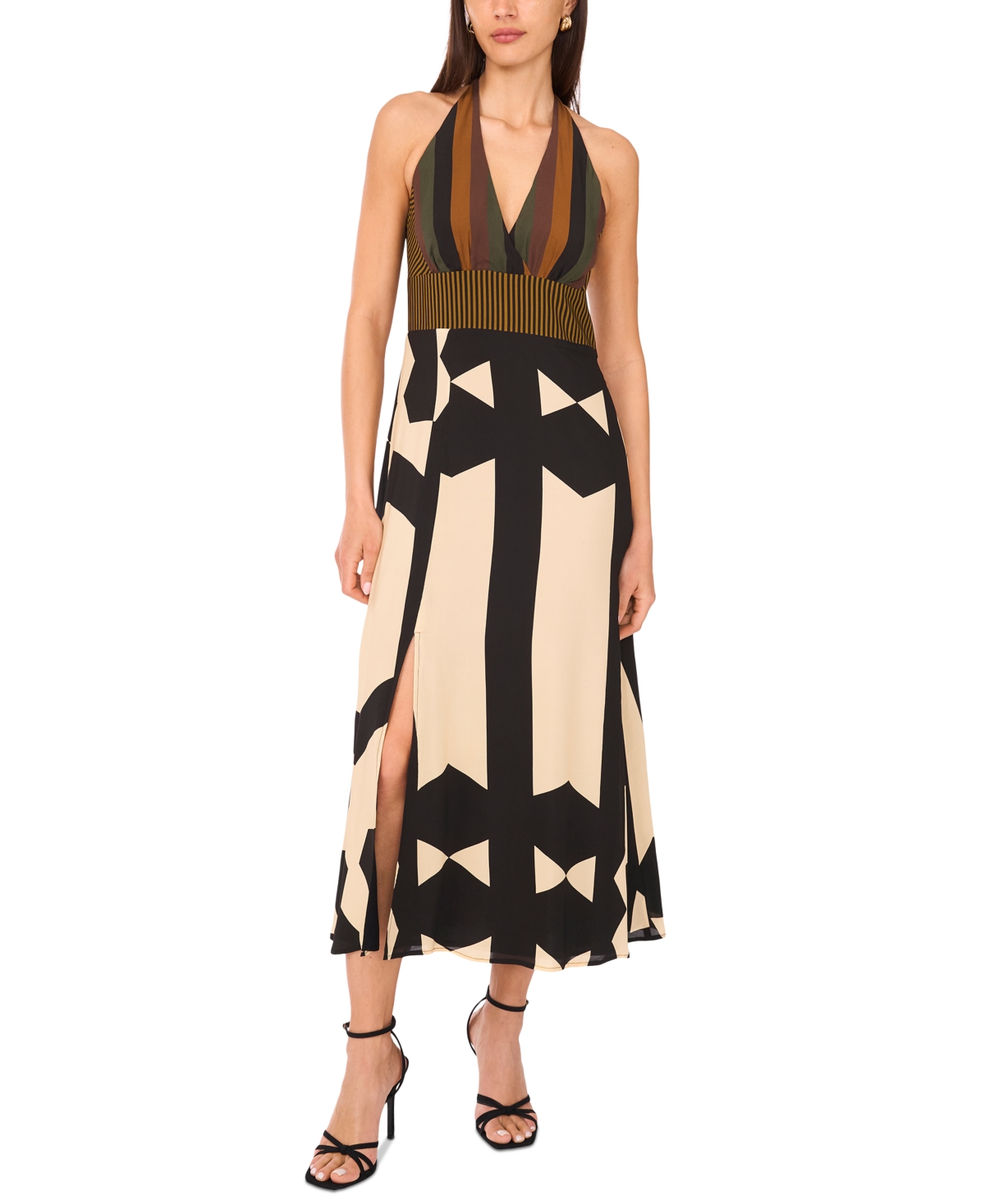 Click here for Vince Camuto Womens Mixed-Print V-Neck Maxi Halter... prices