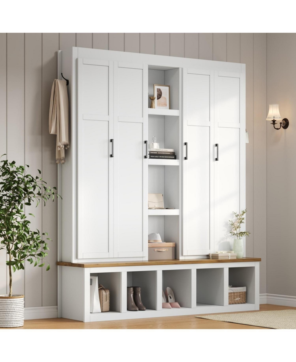 Click here for Farmhouse Hall Tree with Bench & Storage - White prices
