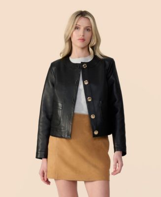 Furniq UK Women's Cropped Leather Jacket With Gold Buttons, Created for ...