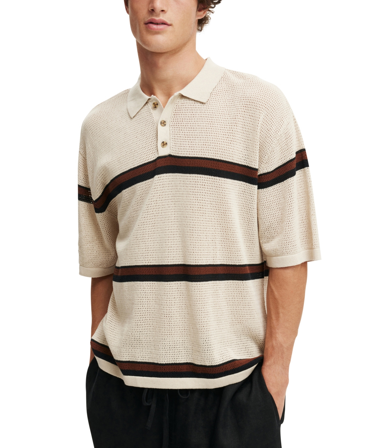 Click here for Cotton On Mens Knitted Polo Shirt - Natural stripe prices