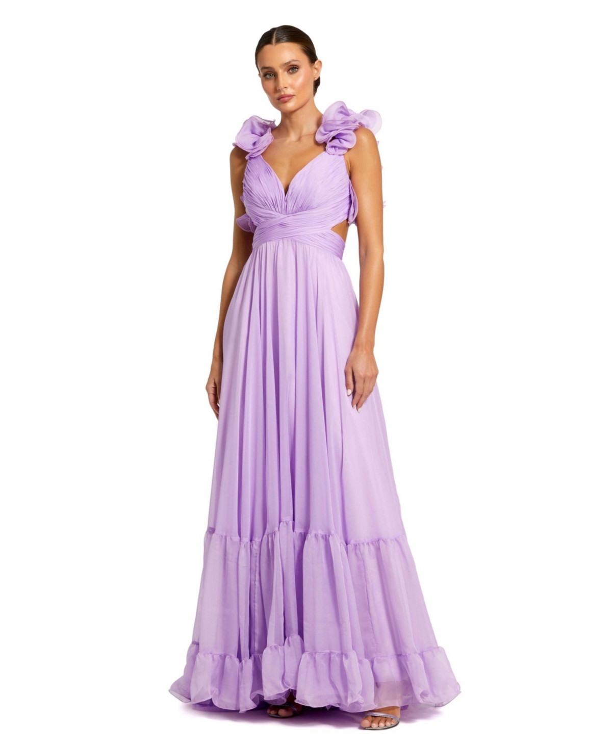 Click here for Mac Duggal Womens Ruffle Tiered Cut-Out Chiffon Go... prices
