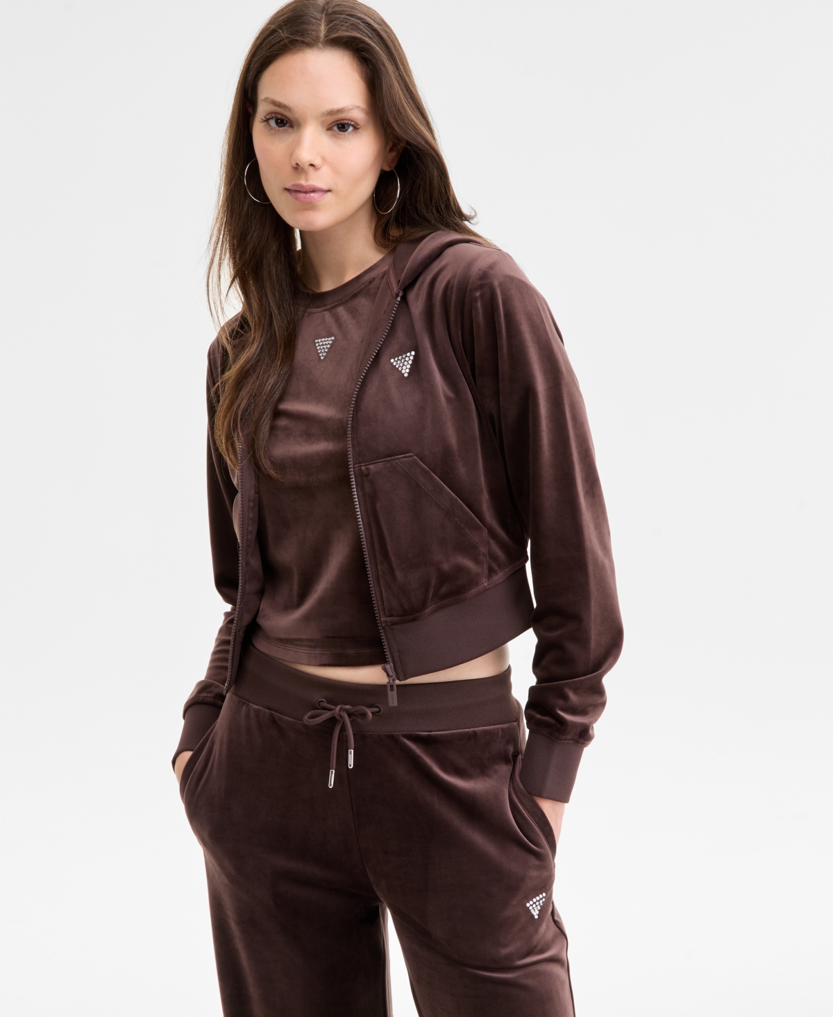 Click here for Guess Womens Couture Cropped Velour Hoodie - Regal... prices