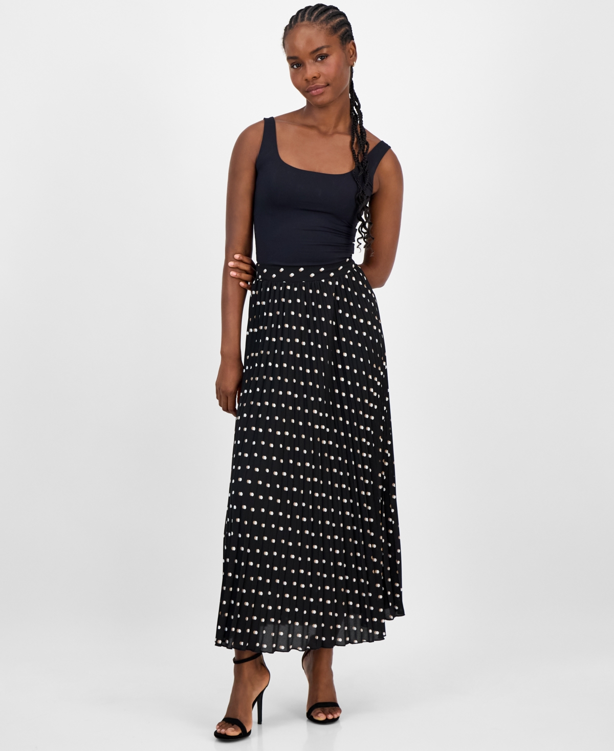 Click here for T Tahari Womens Dot-Print Pleated Flared Maxi Skir... prices