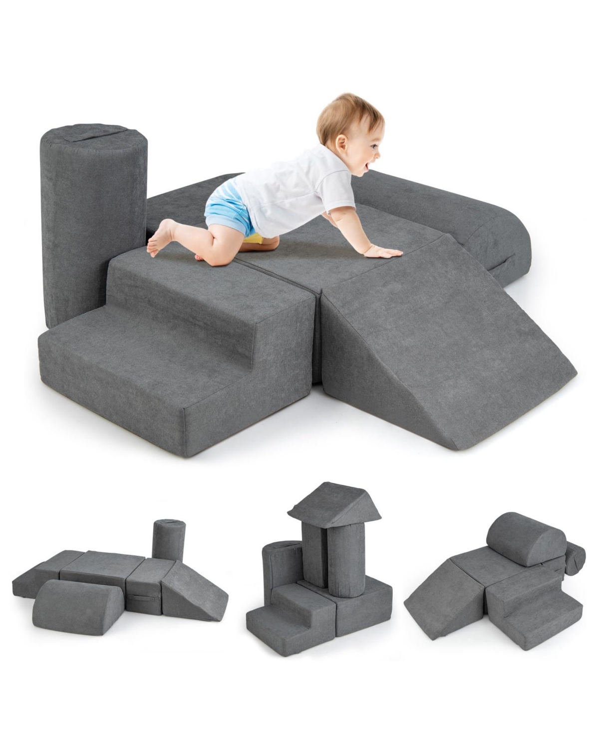 Mecale 6-Piece Baby Climbing Blocks with 30D High-Density Foam and Carrying Handles - Grey