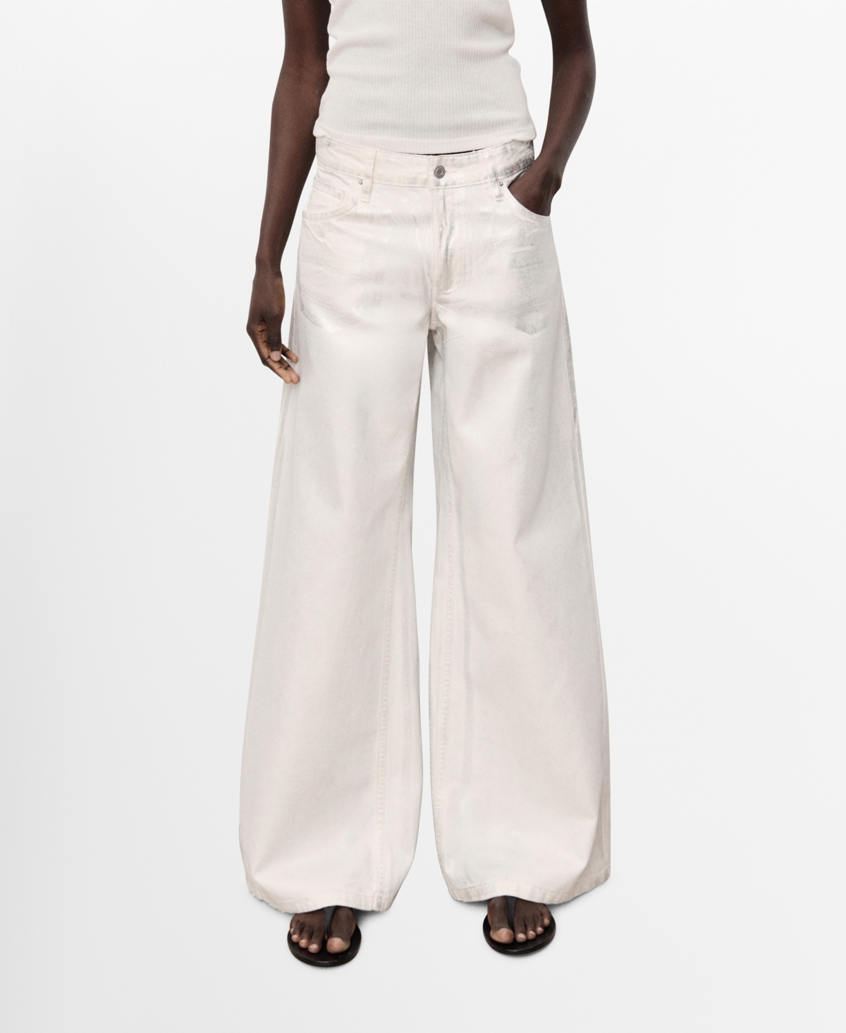 Click here for Mango Womens Metallic-Finish Wide Leg Jeans - Silv... prices