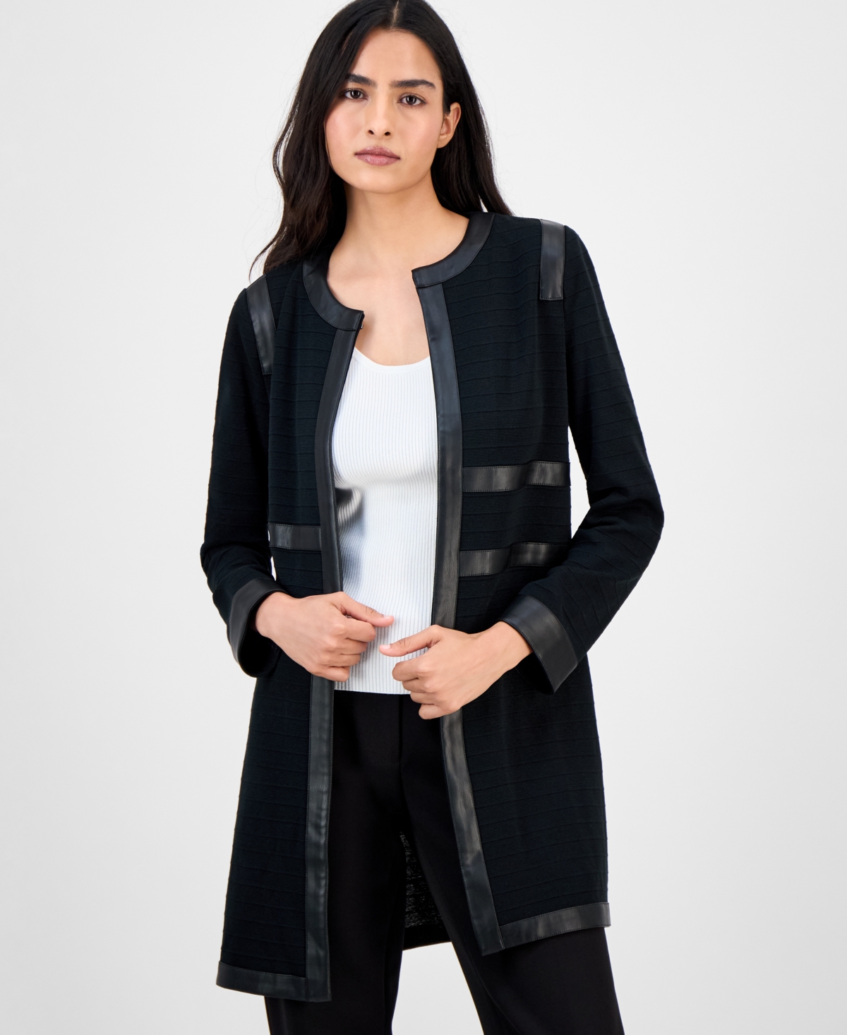 Click here for Anne Klein Womens Faux-Leather-Trim Long Cardigan... prices