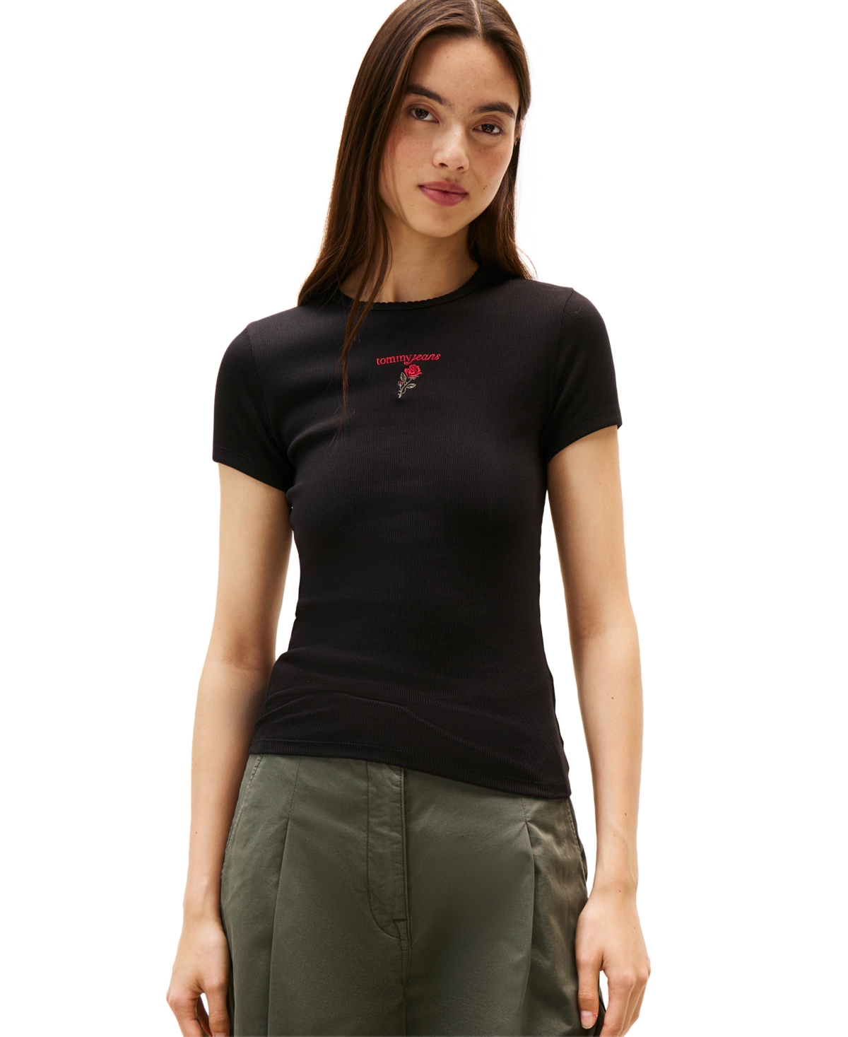 Click here for Tommy Jeans Womens Slim Rose Logo Ribbed Short-Sle... prices