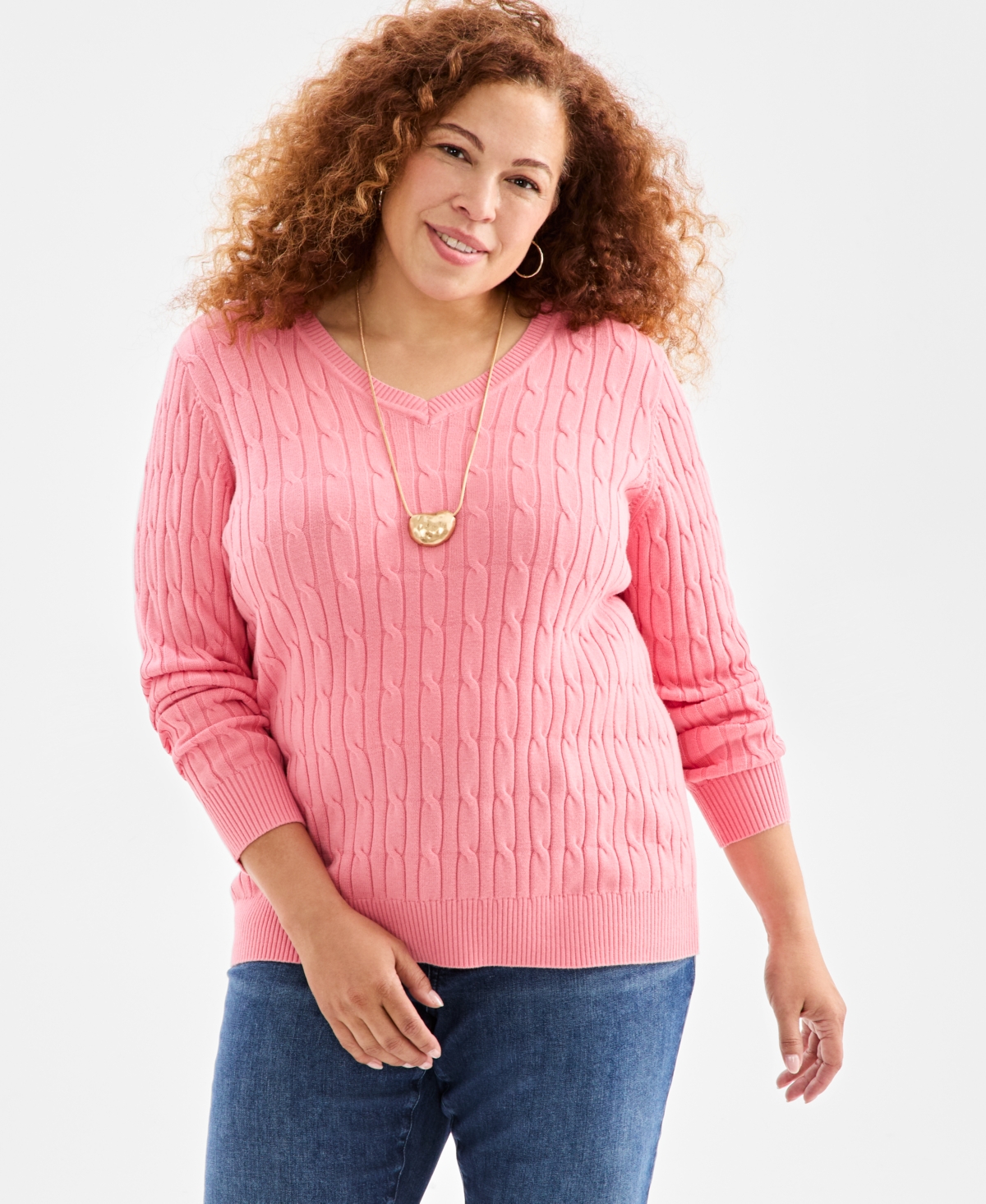 Click here for Style & Co Plus Size Cotton Cable-Knit V-Neck Swea... prices