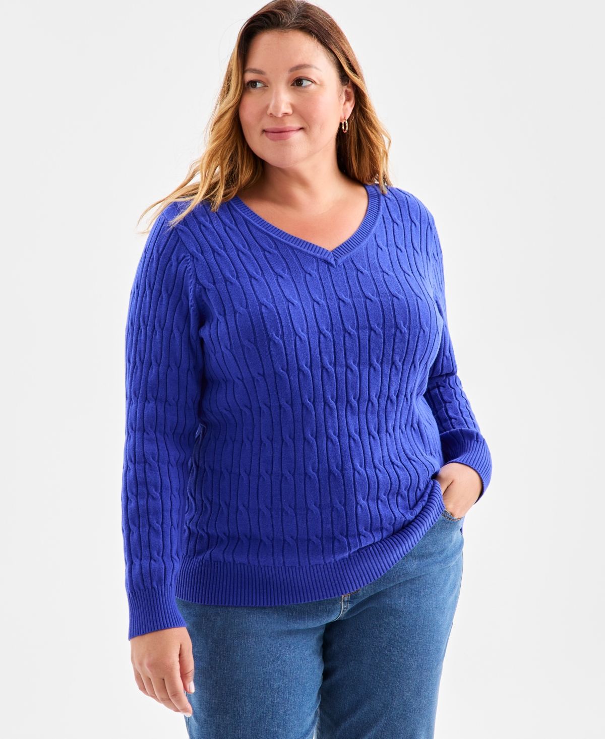 Click here for Style & Co Plus Size Cotton Cable-Knit V-Neck Swea... prices