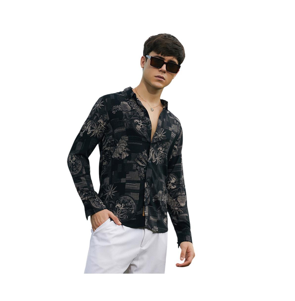 Click here for Campus Sutra Mens Midnight Black Bloom-Imprint Shi... prices