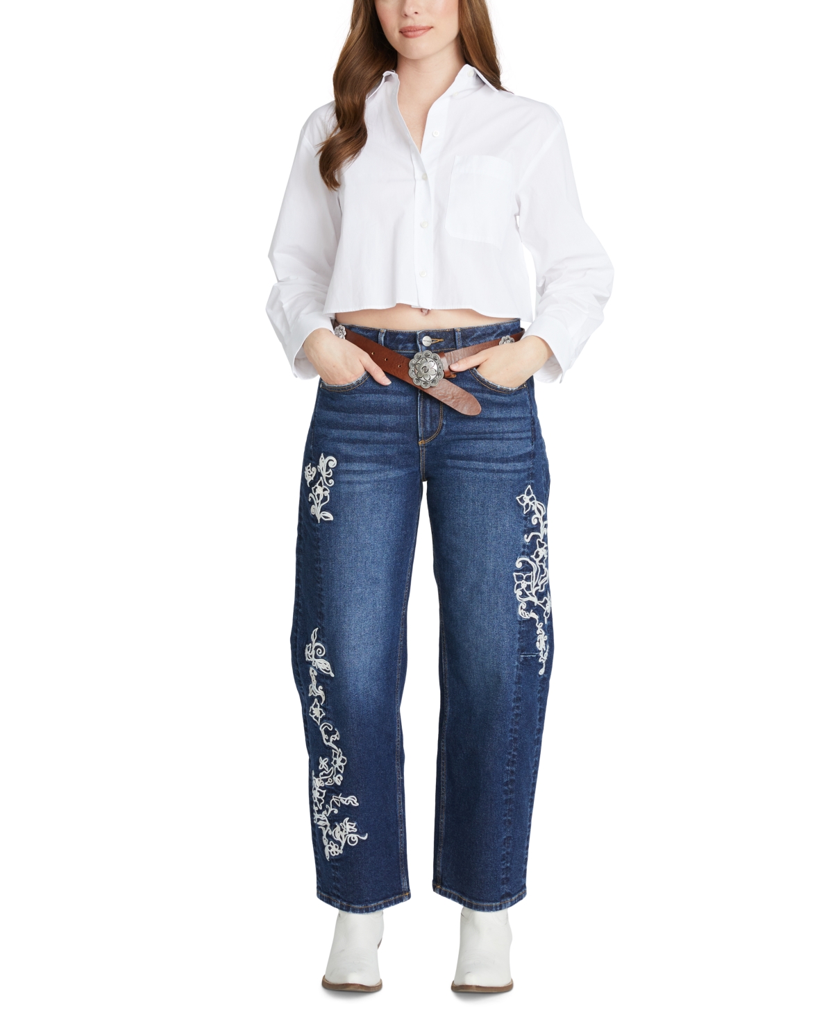 Driftwood Womens Elaine X Raised Rodeo Mid Rise Barrel-Leg Jeans - Dark Wash