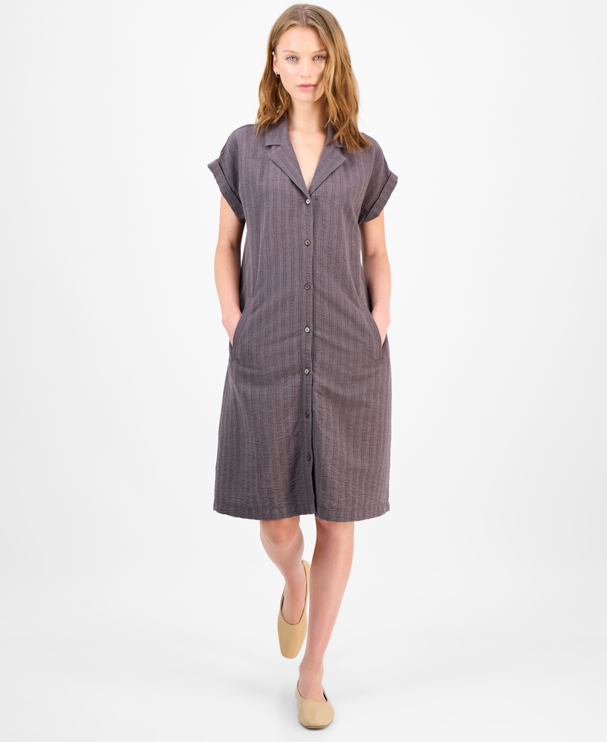 Click here for Eileen Fisher Womens Striped Notched-Collar Shirtd... prices