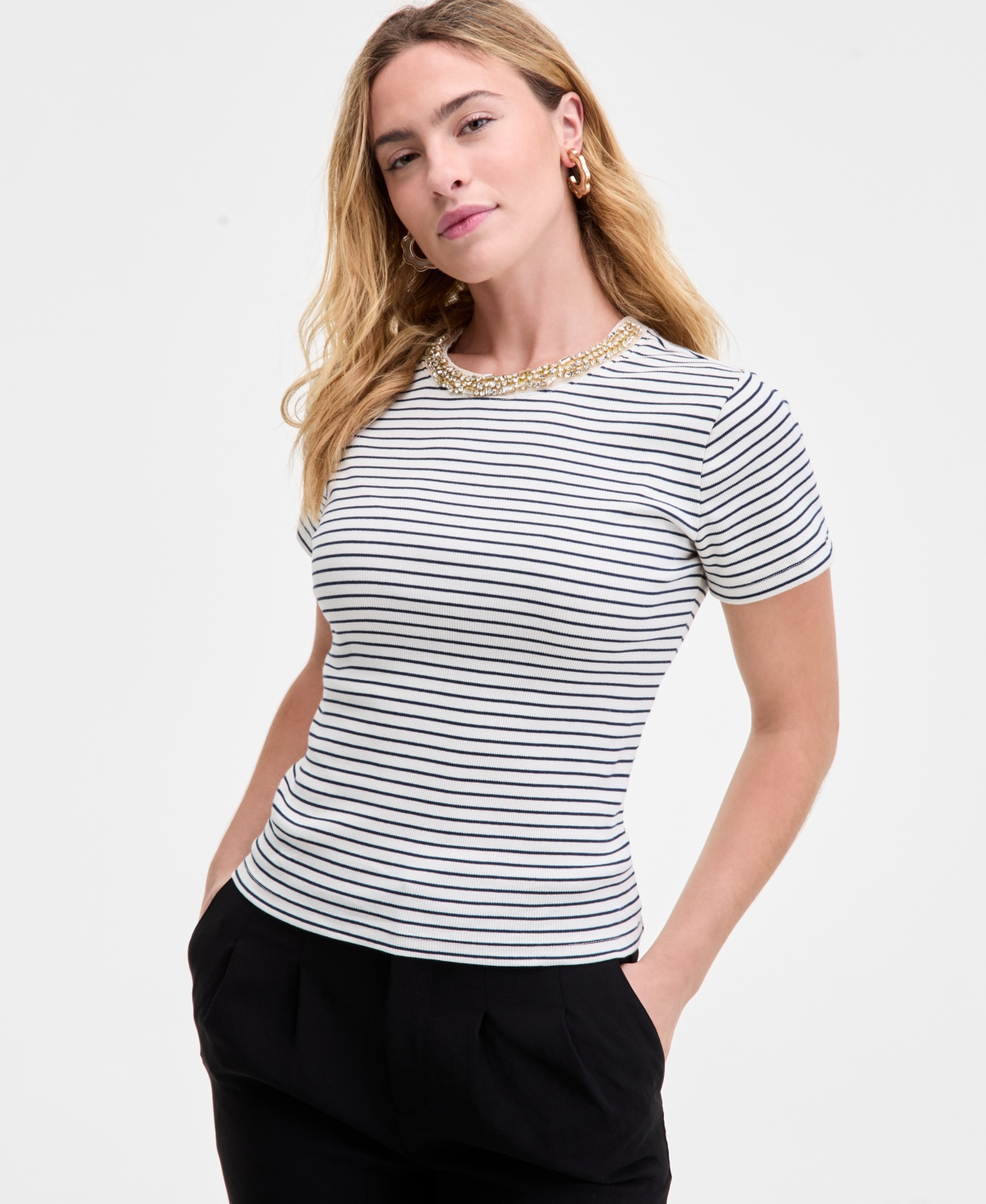 Click here for On 34th Womens Embellished-Crewneck Rib-Knit T-Shi... prices