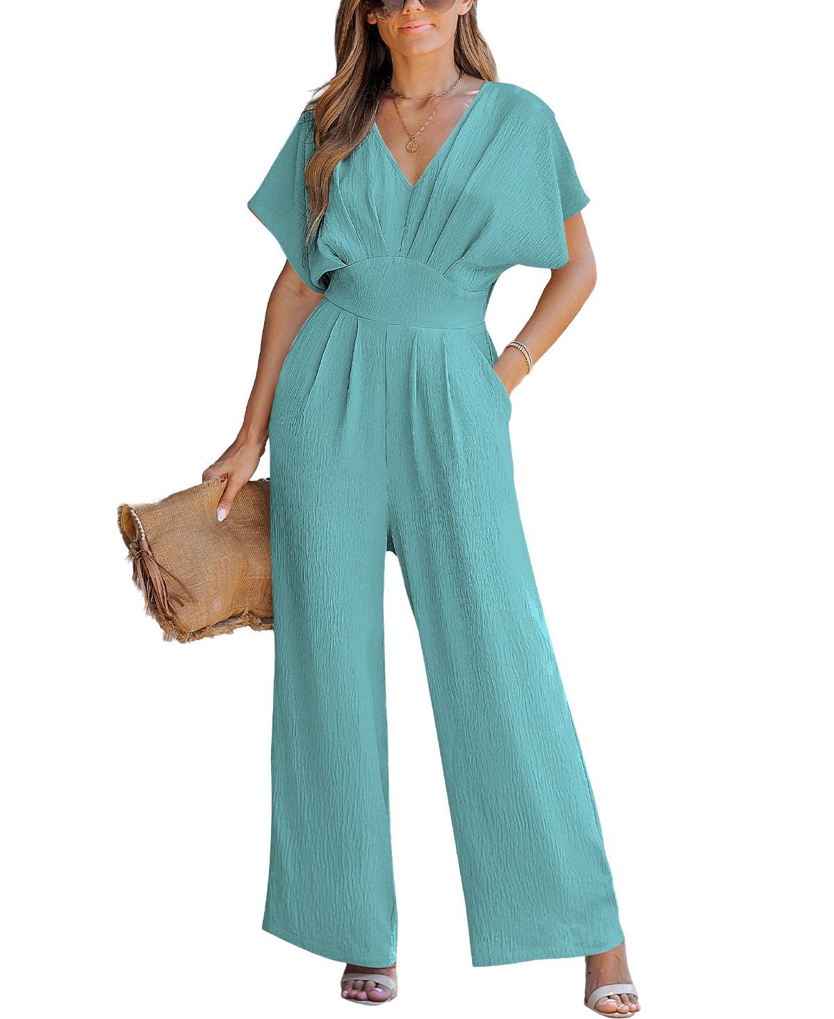 Click here for Cupshe Womens V-Neck Short Sleeve Straight Leg Jum... prices