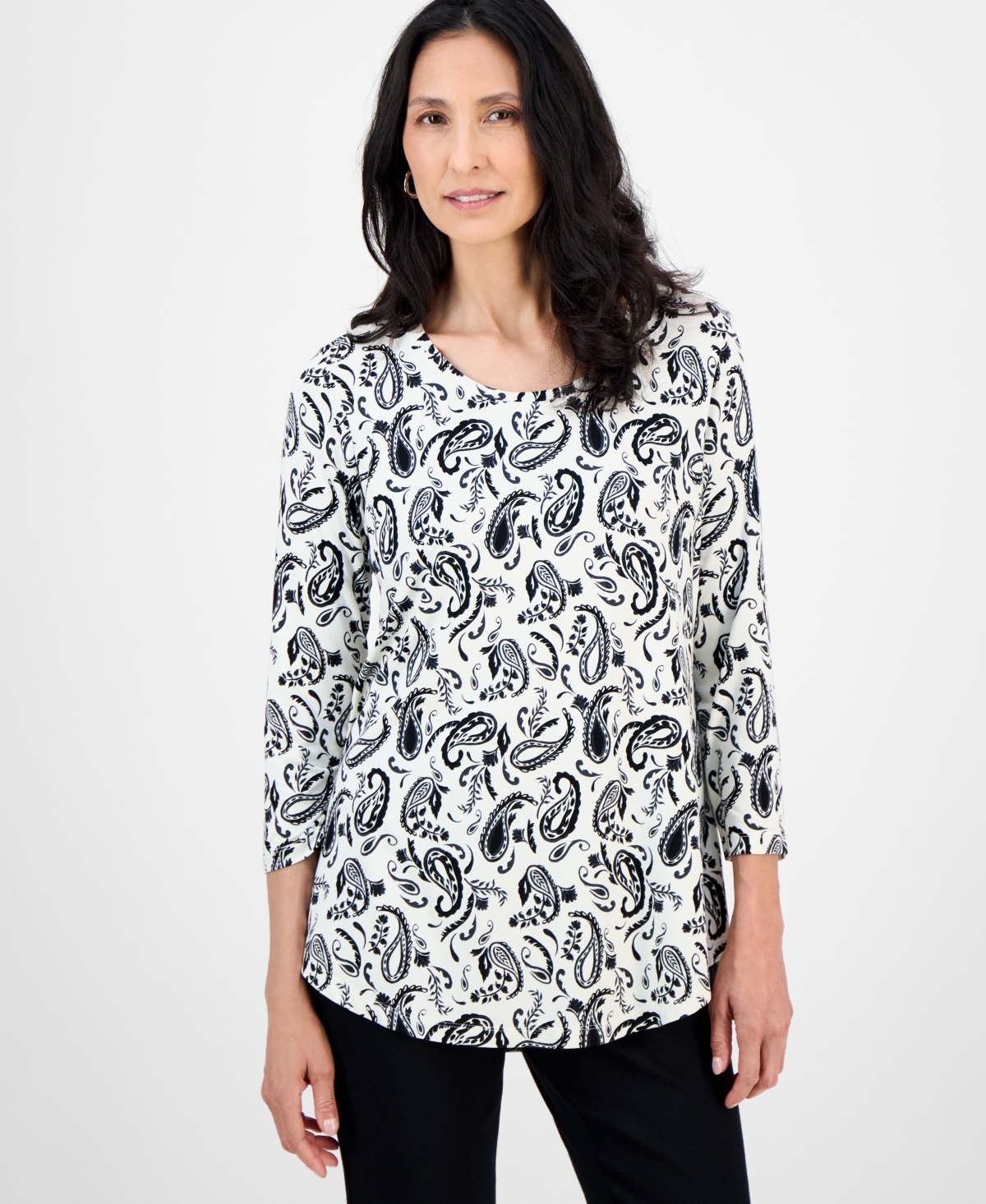Jm Collection Womens Printed Scoop-Neck 3/4-Sleeve Top  Exclusively at Macys - Whisper White