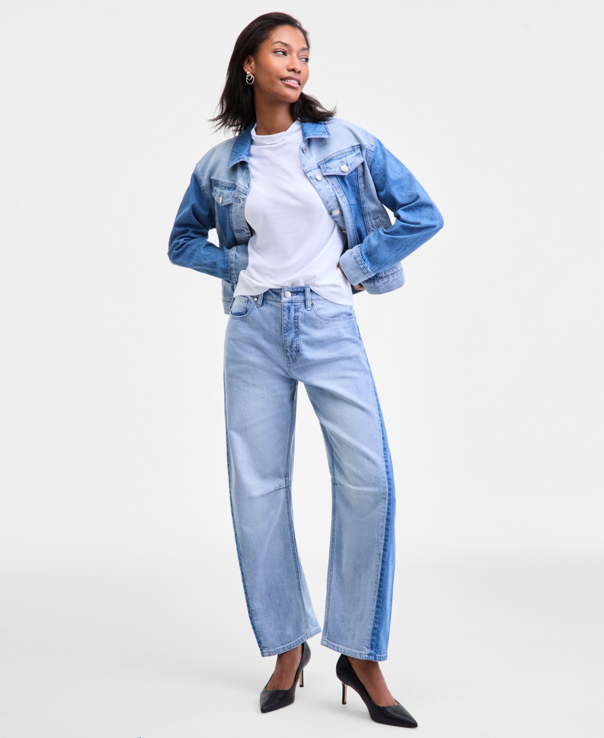 Click here for On 34th Womens High-Rise Two-Tone Barrel-Leg Jeans... prices