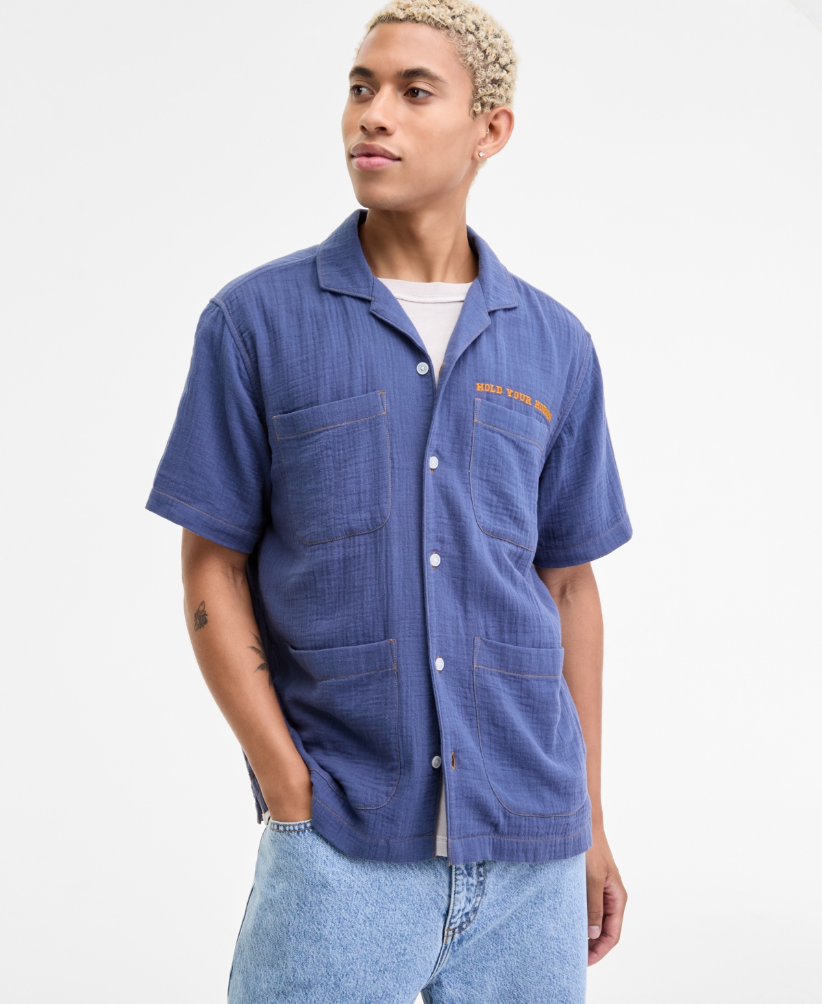 Click here for Sun + Stone Mens Joss Short Sleeve Embroidered But... prices