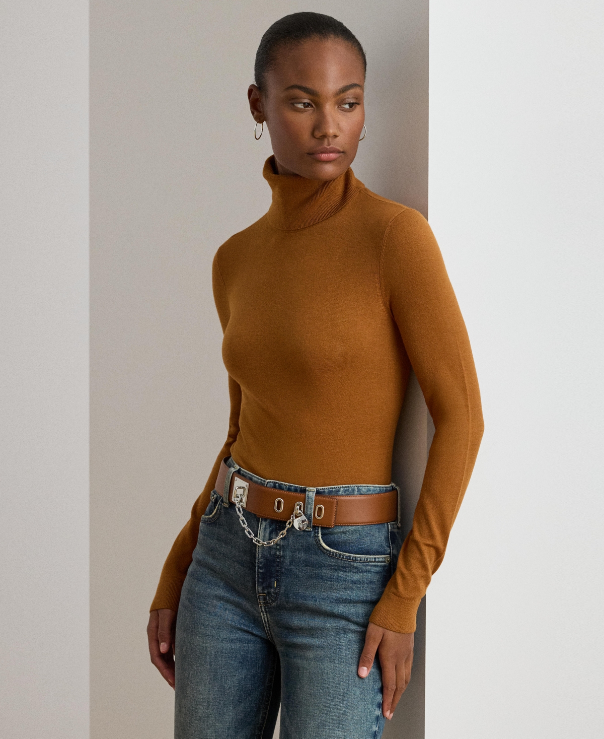 Lauren Ralph Lauren Womens Silk-Blend Turtleneck Sweater - Cinammon Bark