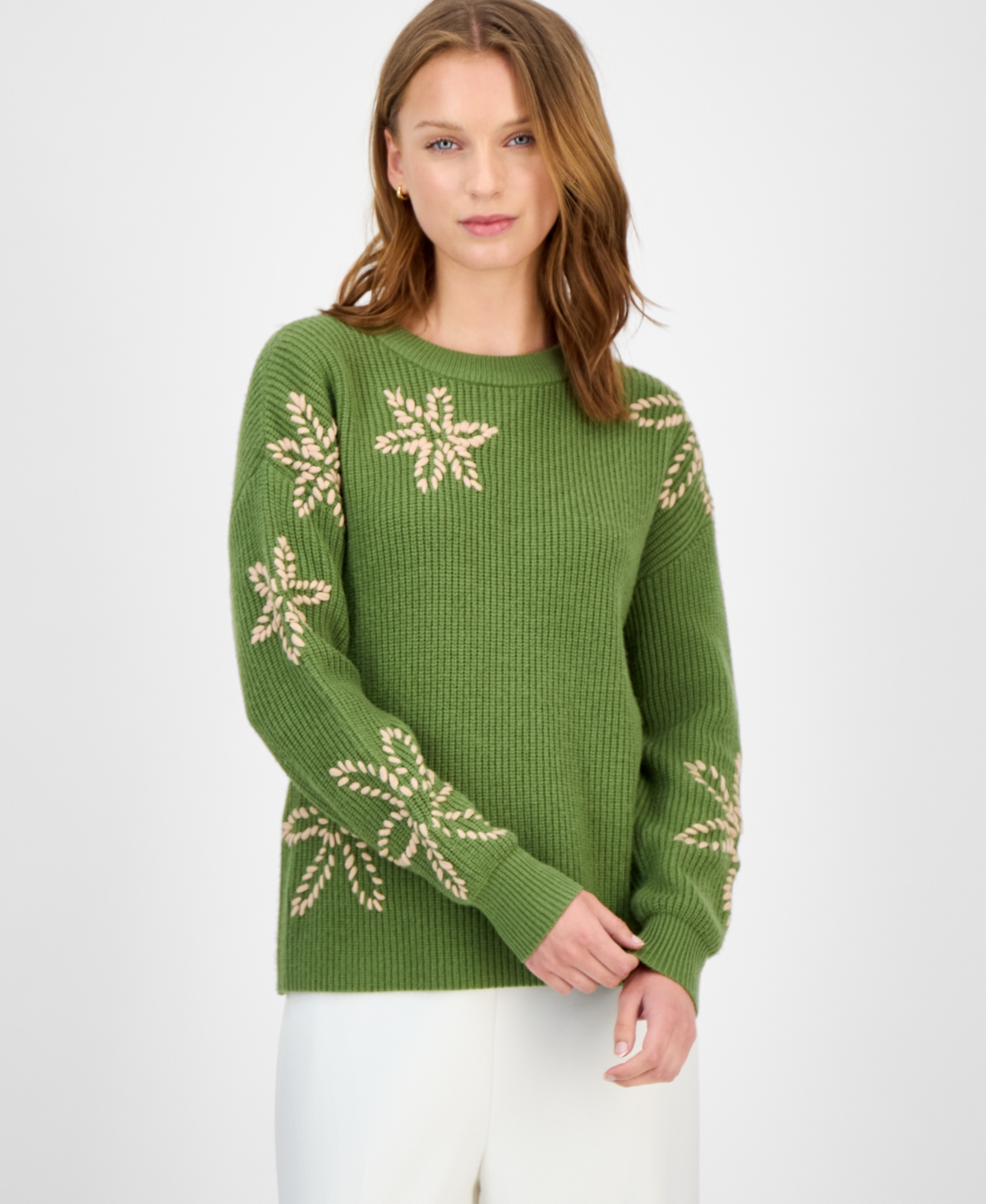 Click here for T Tahari Womens Floral-Embroidered Crewneck Sweate... prices