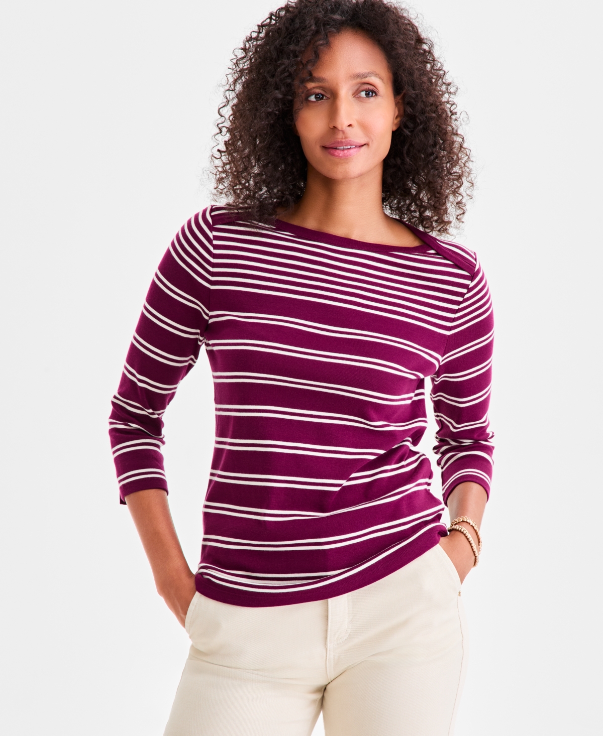 Click here for Style & Co Petite Pima Cotton Split Stripe 3/4-Sle... prices