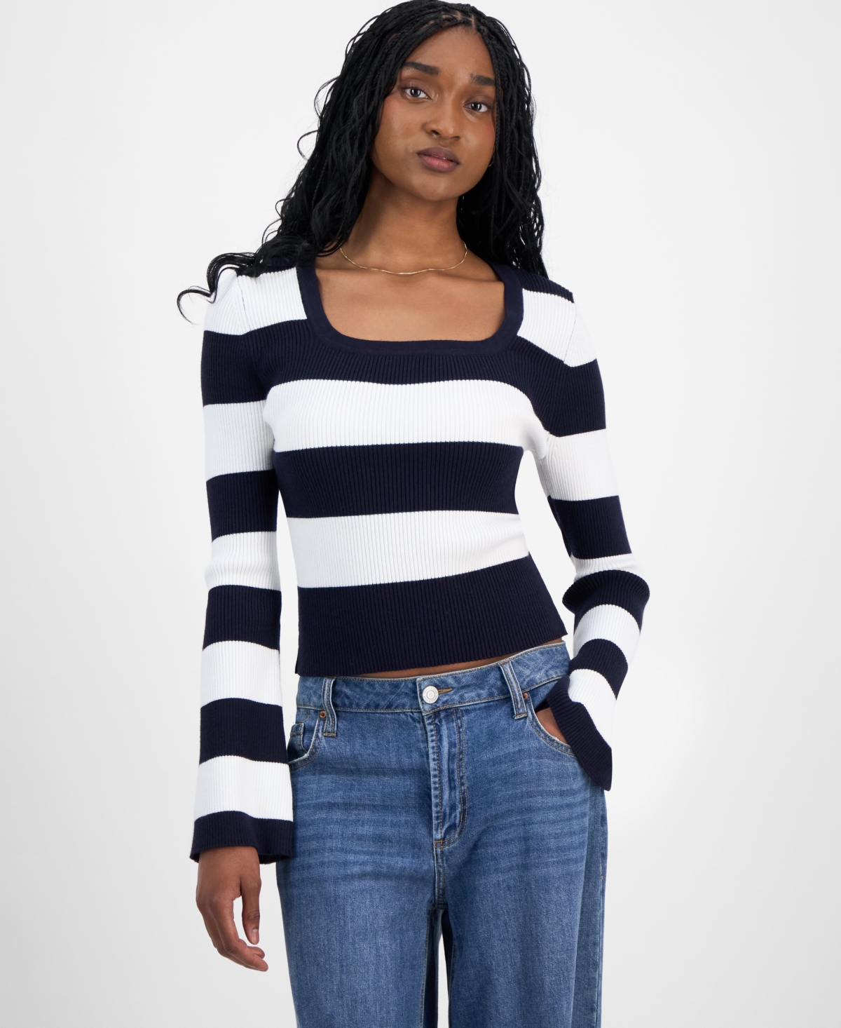 Click here for Madden Girl Juniors Square-Neck Sweater - Navy Bla... prices