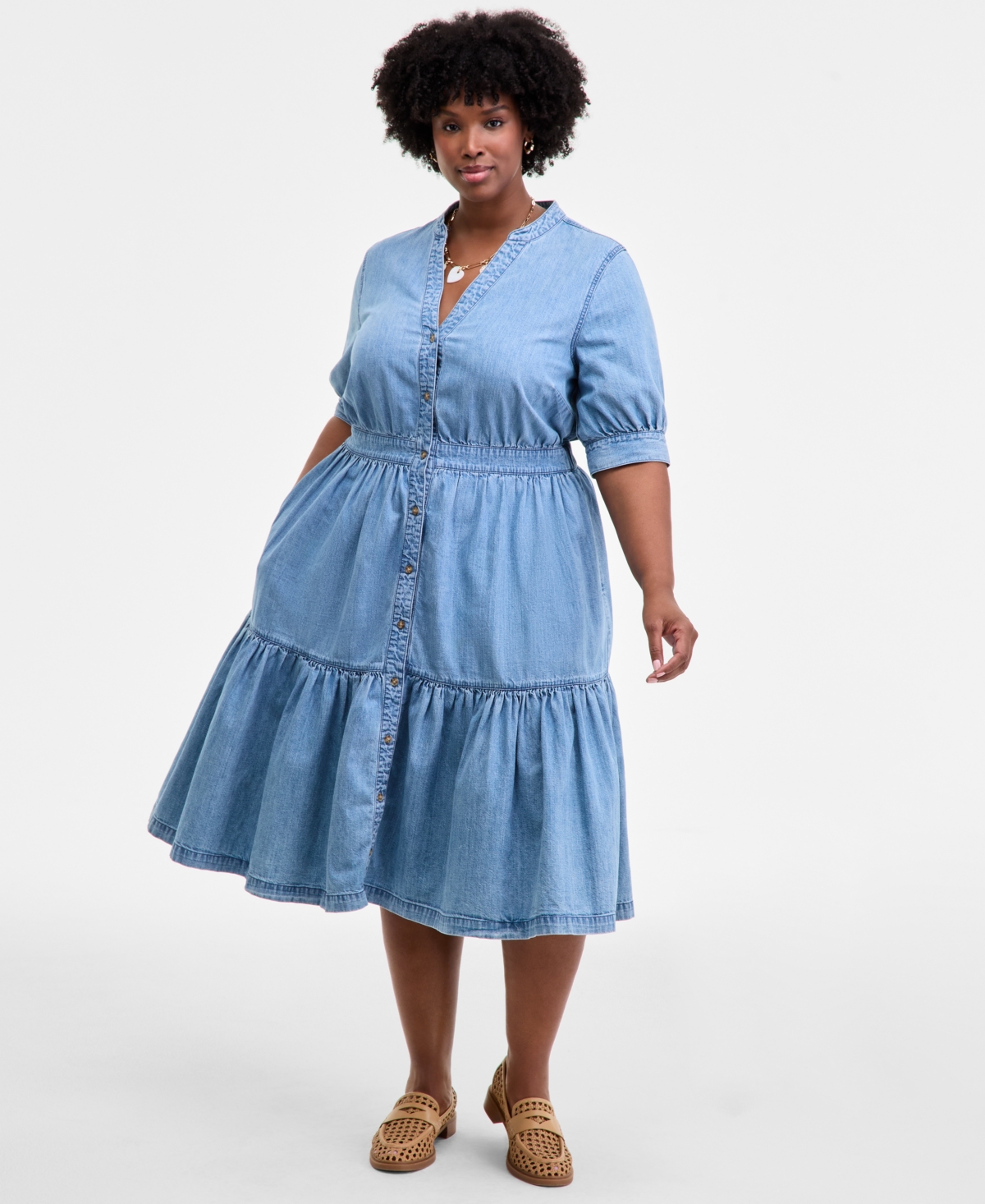 Click here for On 34th Trendy Plus Cotton Button-Front Tiered Mid... prices