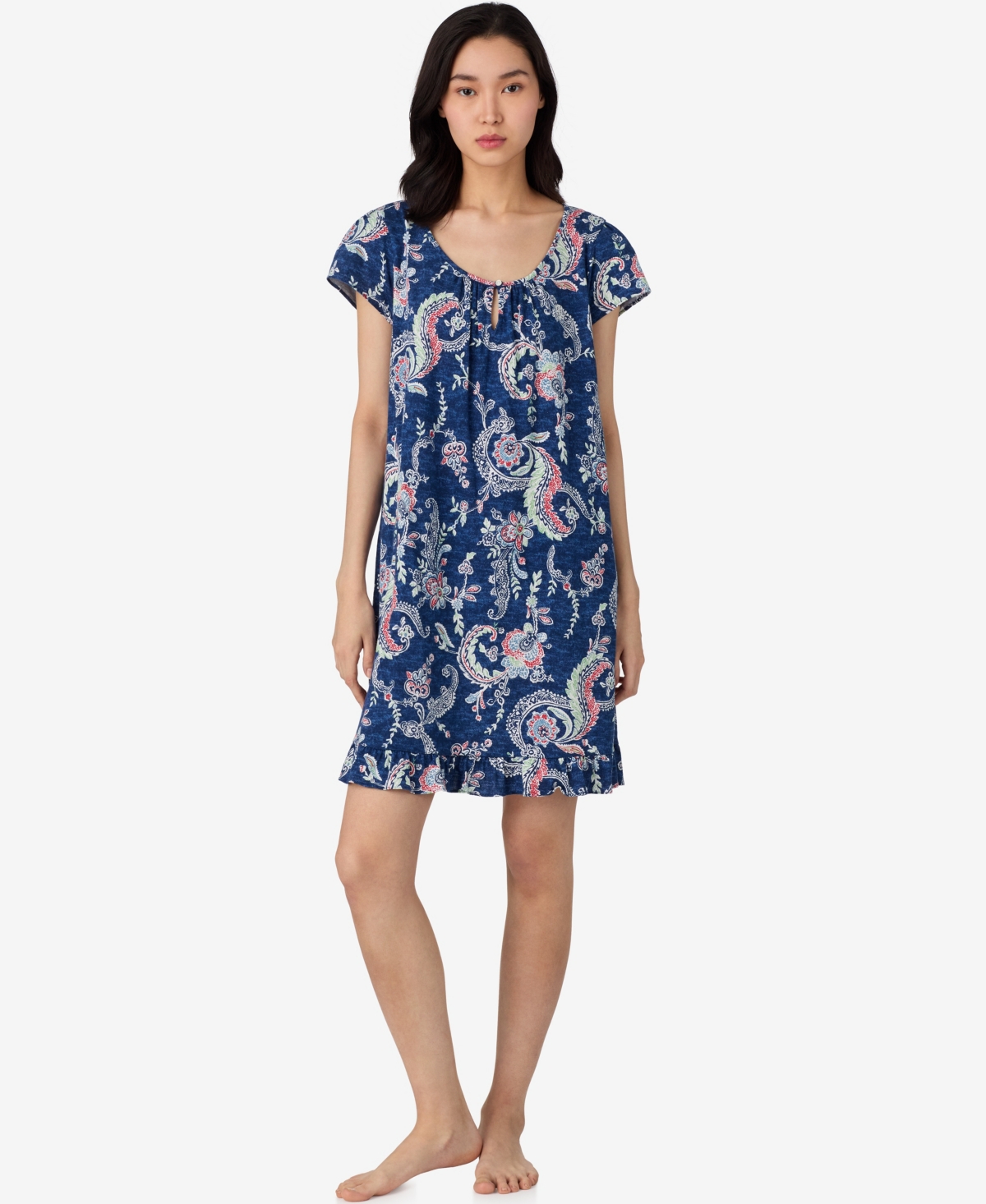 Lauren Ralph Lauren Flutter Sleeve Keyhole Neck Nightgown - Navy Print
