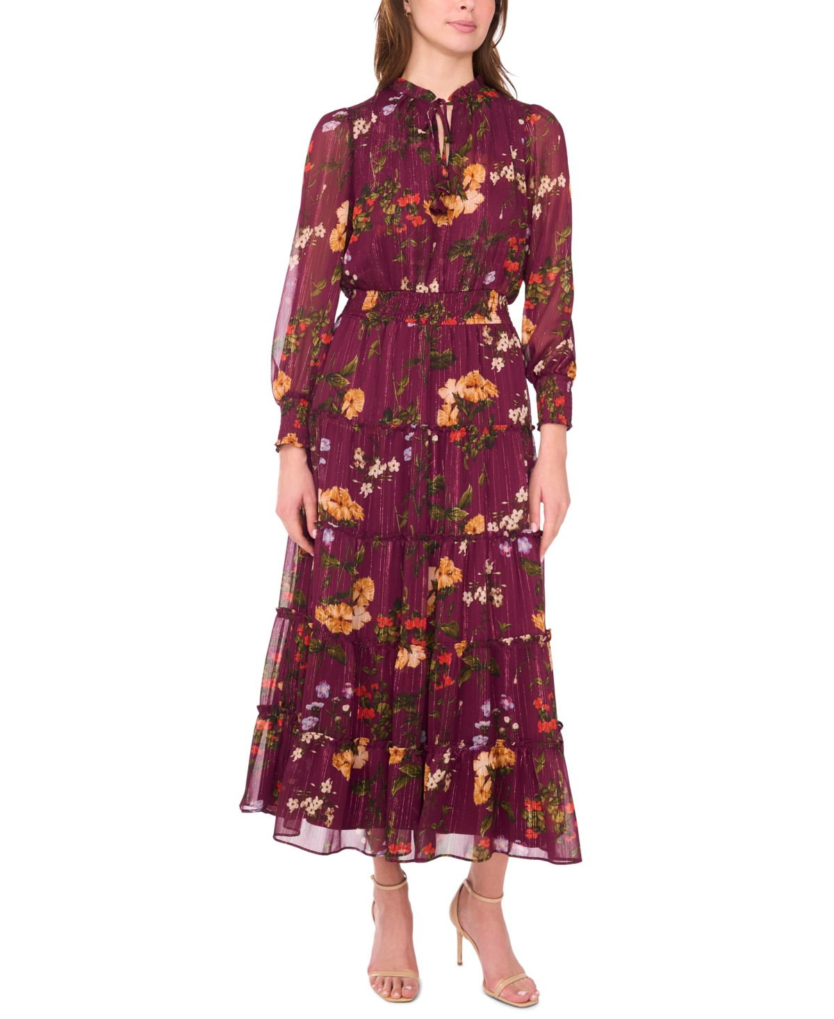 Click here for Msk Womens Long-Sleeve Tie-Neck Smocked-Waist Maxi... prices