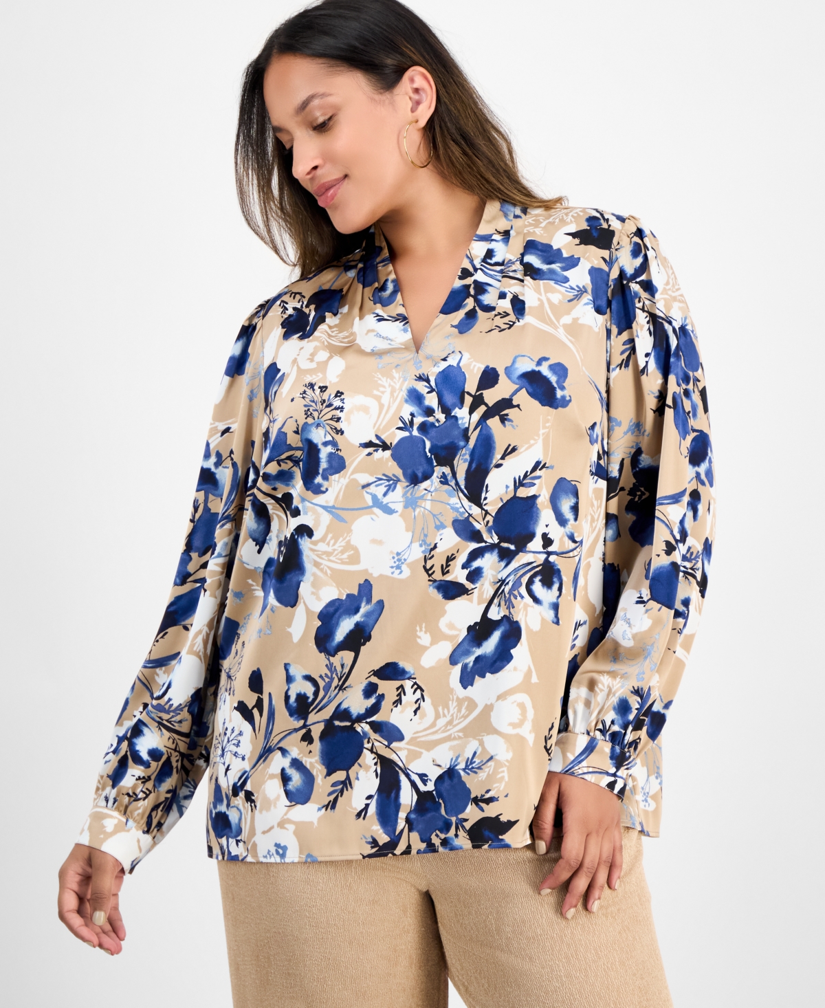 Click here for Kasper Plus Size Pleated V-Neck Floral Print Blous... prices