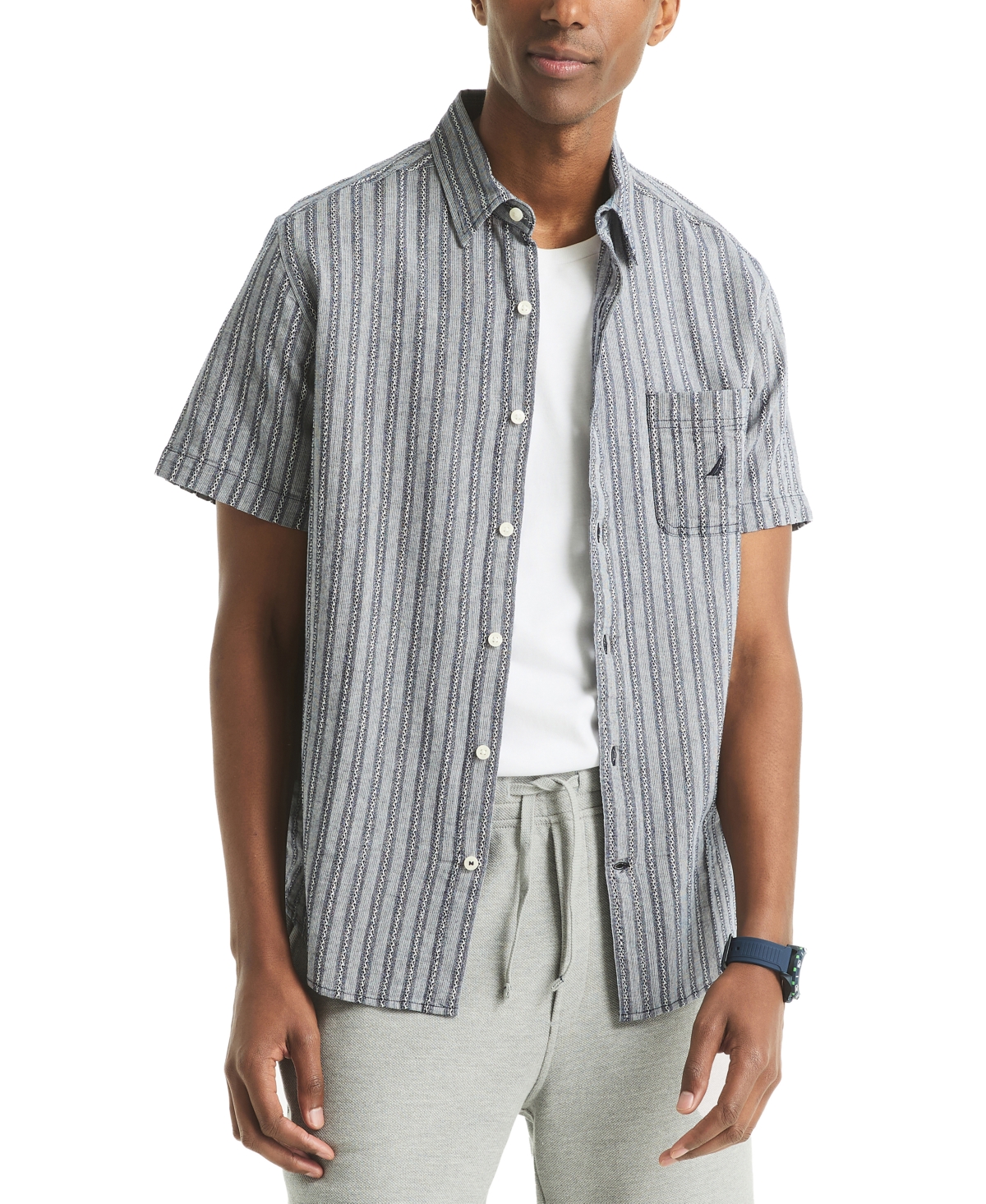 Click here for Nautica Mens Short Sleeve Dobby Stripe Button-Fron... prices