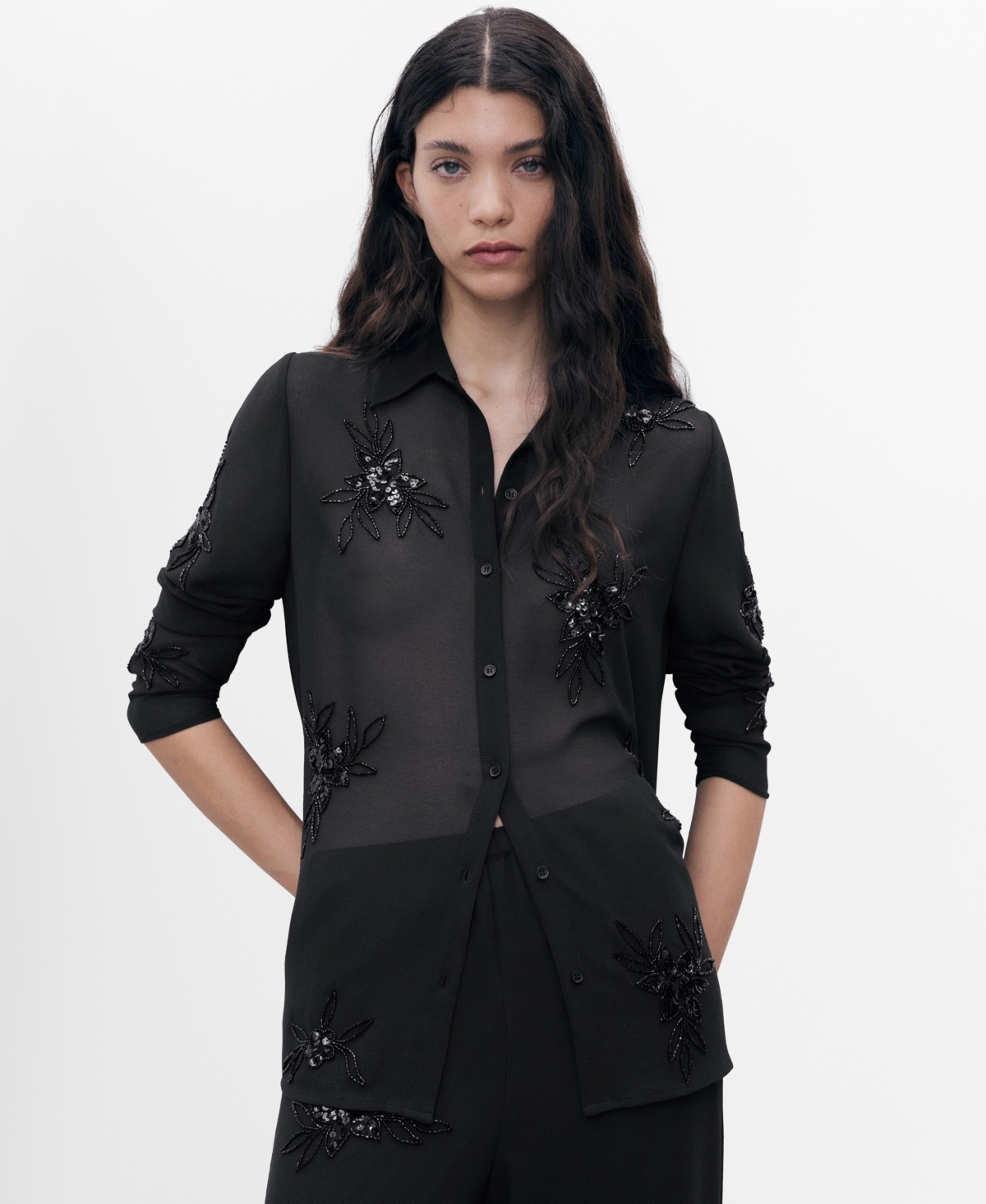 Click here for Mango Womens Embroidered Rhinestone Shirt - Black prices