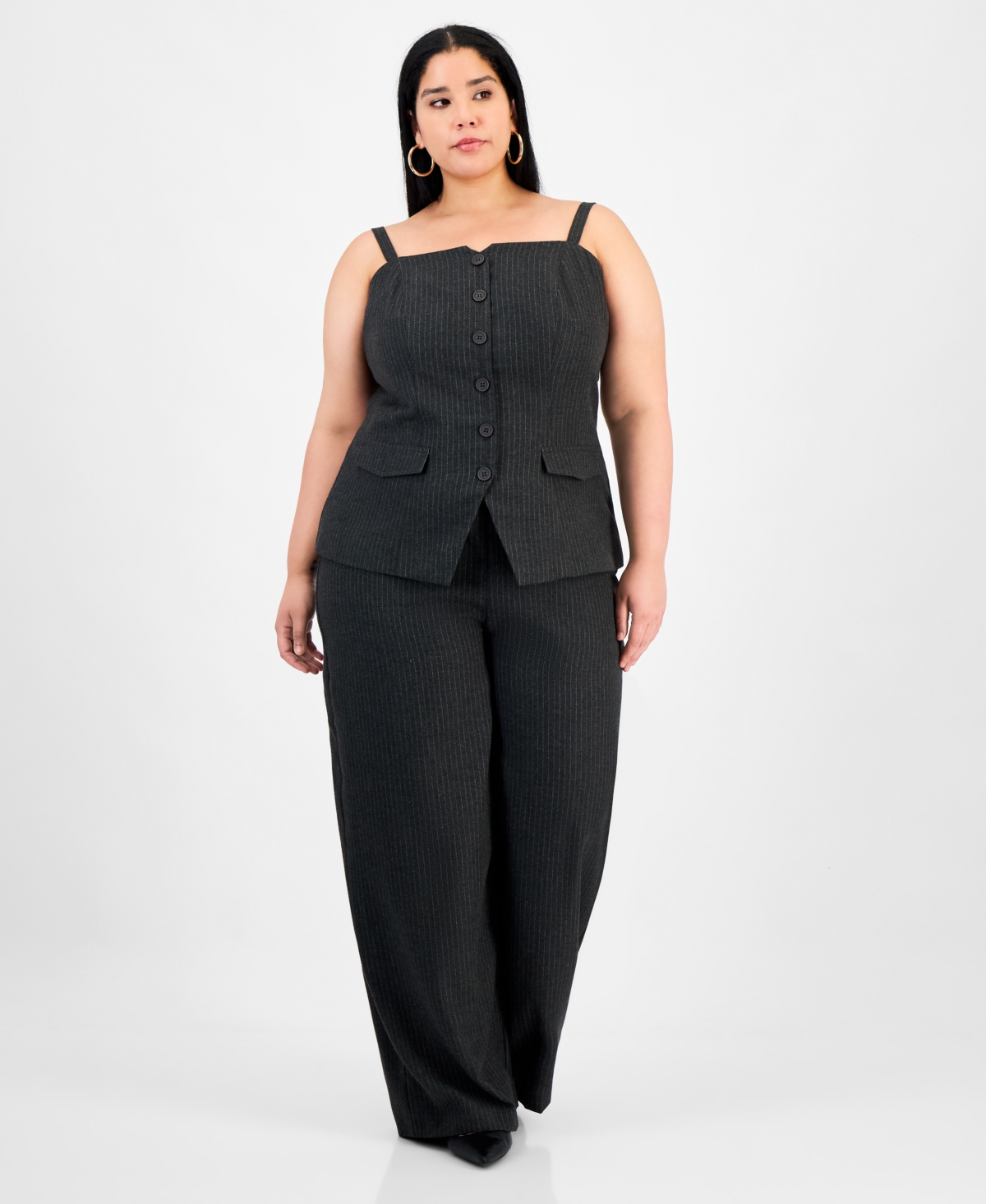 Click here for Bar Iii Trendy Plus Size Pinstriped Wide-Leg Jumps... prices
