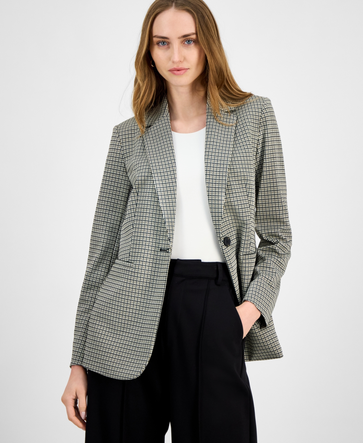Click here for Bar Iii Womens Plaid One-Button Notch-Collar Jacke... prices