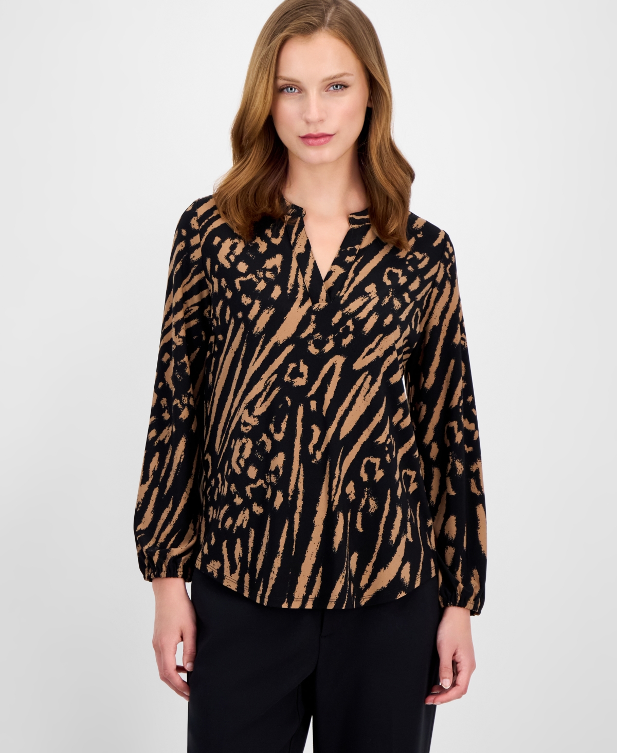 Click here for Ak Anne Klein Petite Split-Neck Animal-Print Top -... prices