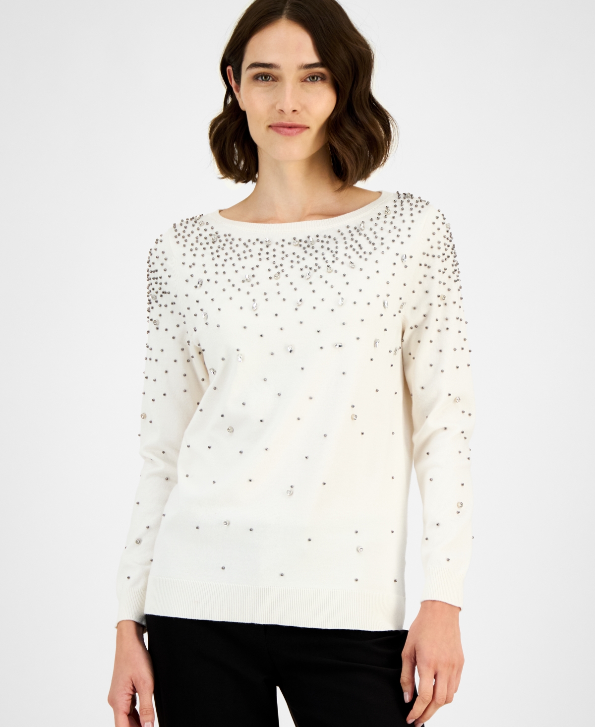 Click here for Anne Klein Womens Embellished Boatneck Sweater - W... prices