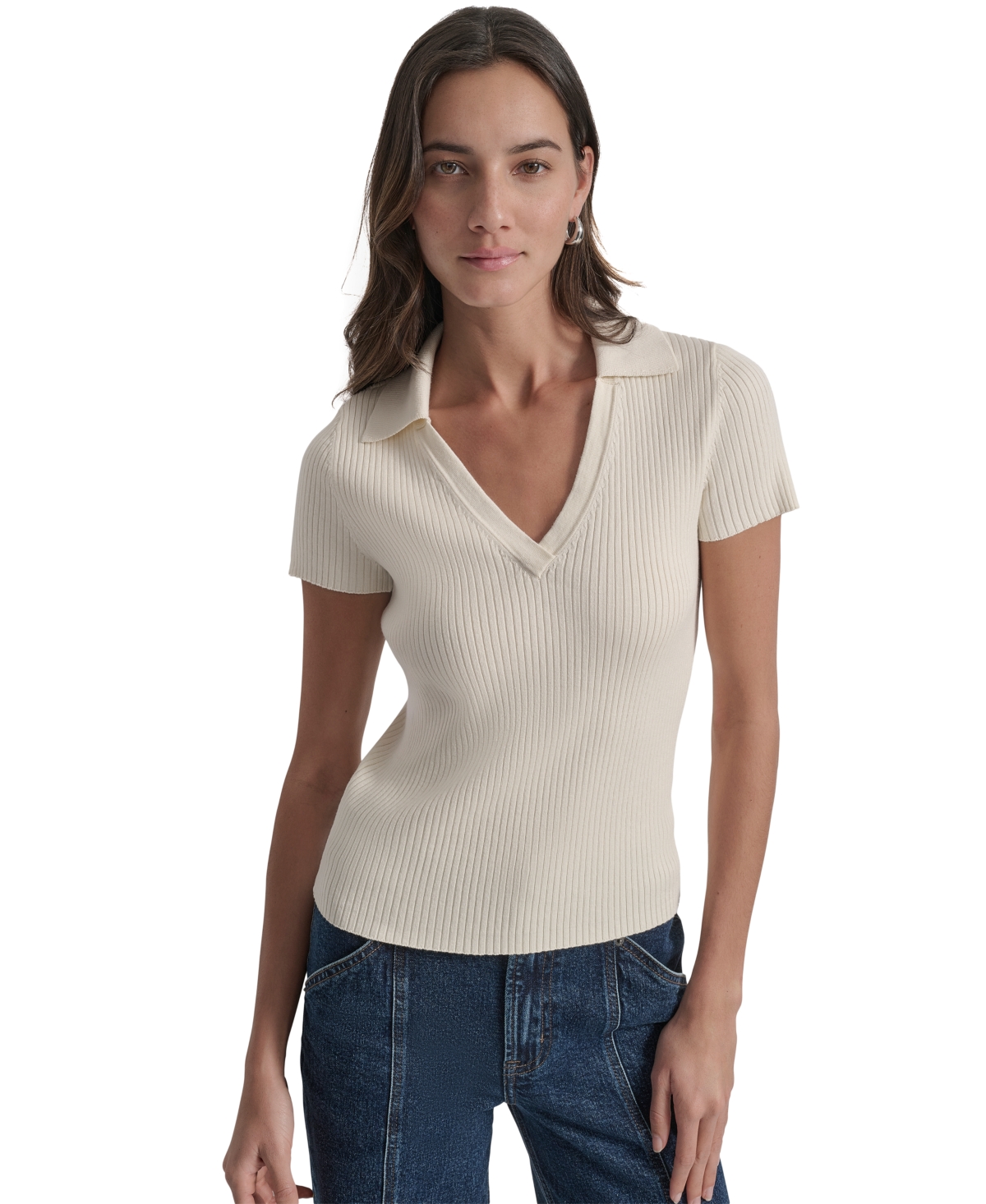 Click here for Dkny Jeans Womens Ribbed V-Neck Polo Sweater - G0h... prices