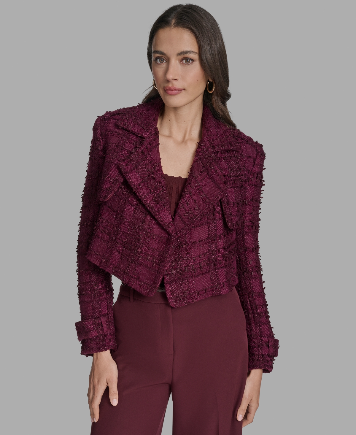 Click here for Bcbg Womens Cropped Tweed Trench Jacket - Crimson... prices
