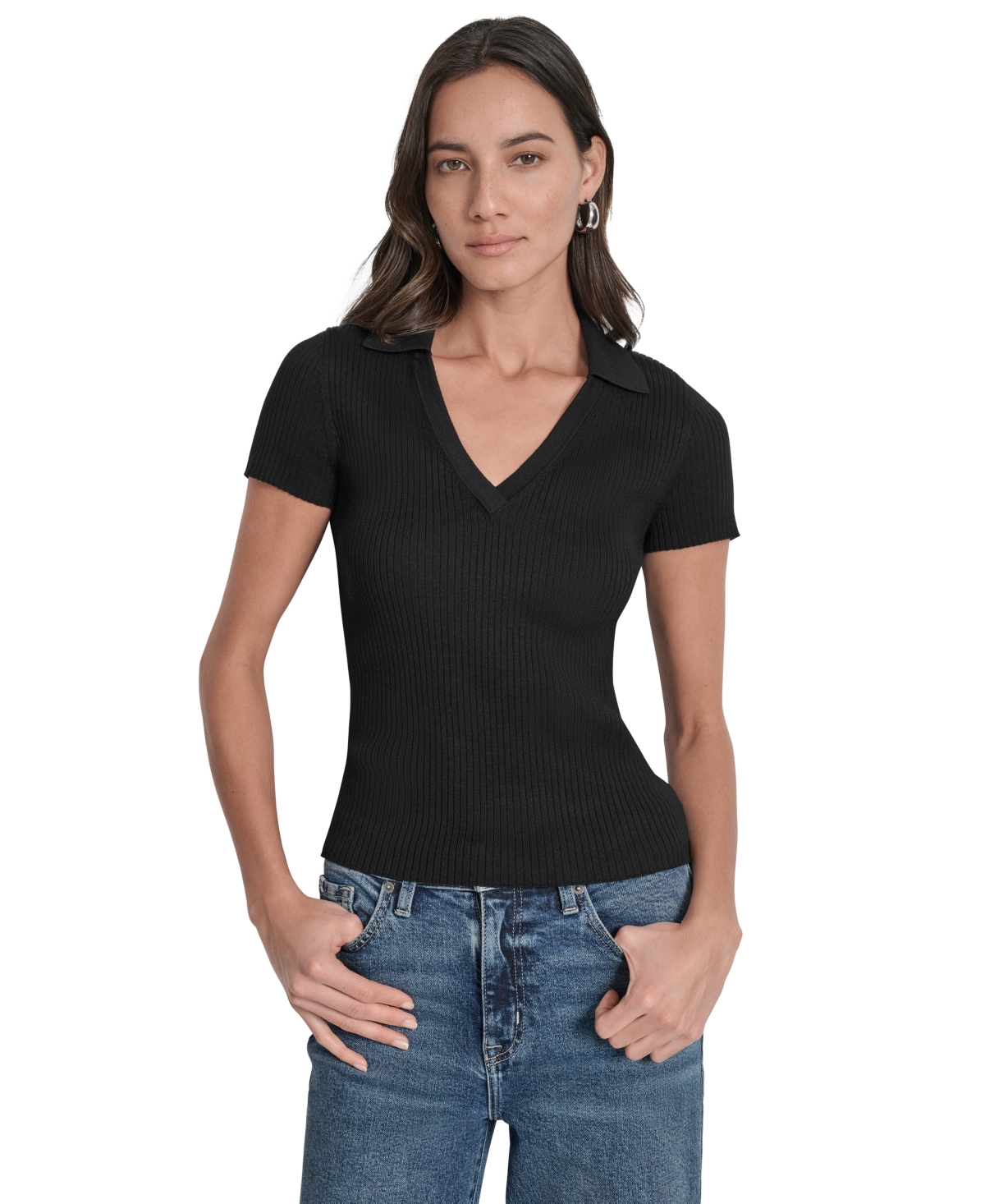 Click here for Dkny Jeans Womens Ribbed V-Neck Polo Sweater - Blk... prices