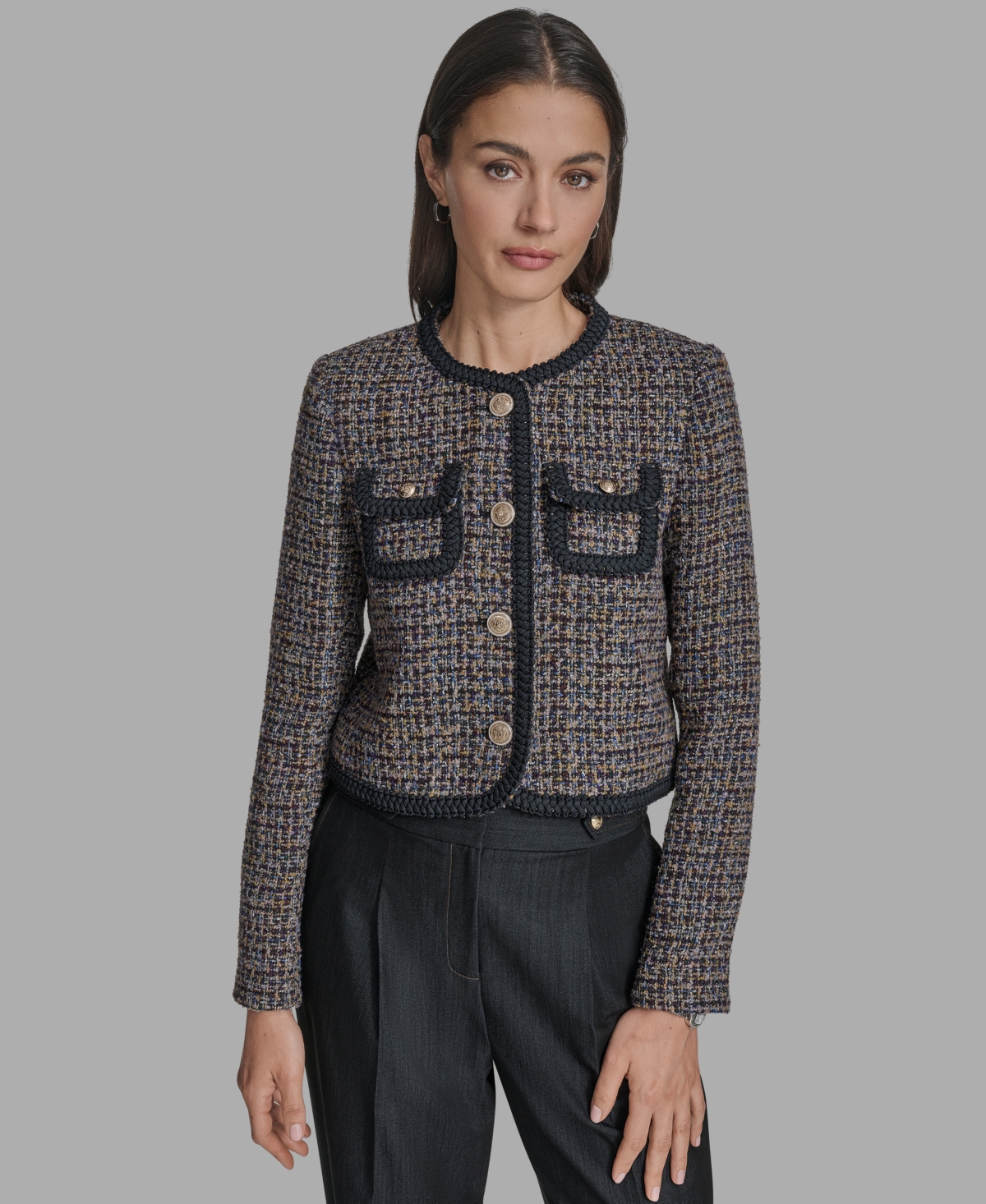 Click here for Bcbg Womens Braided-Trim Tweed Collarless Jacket -... prices