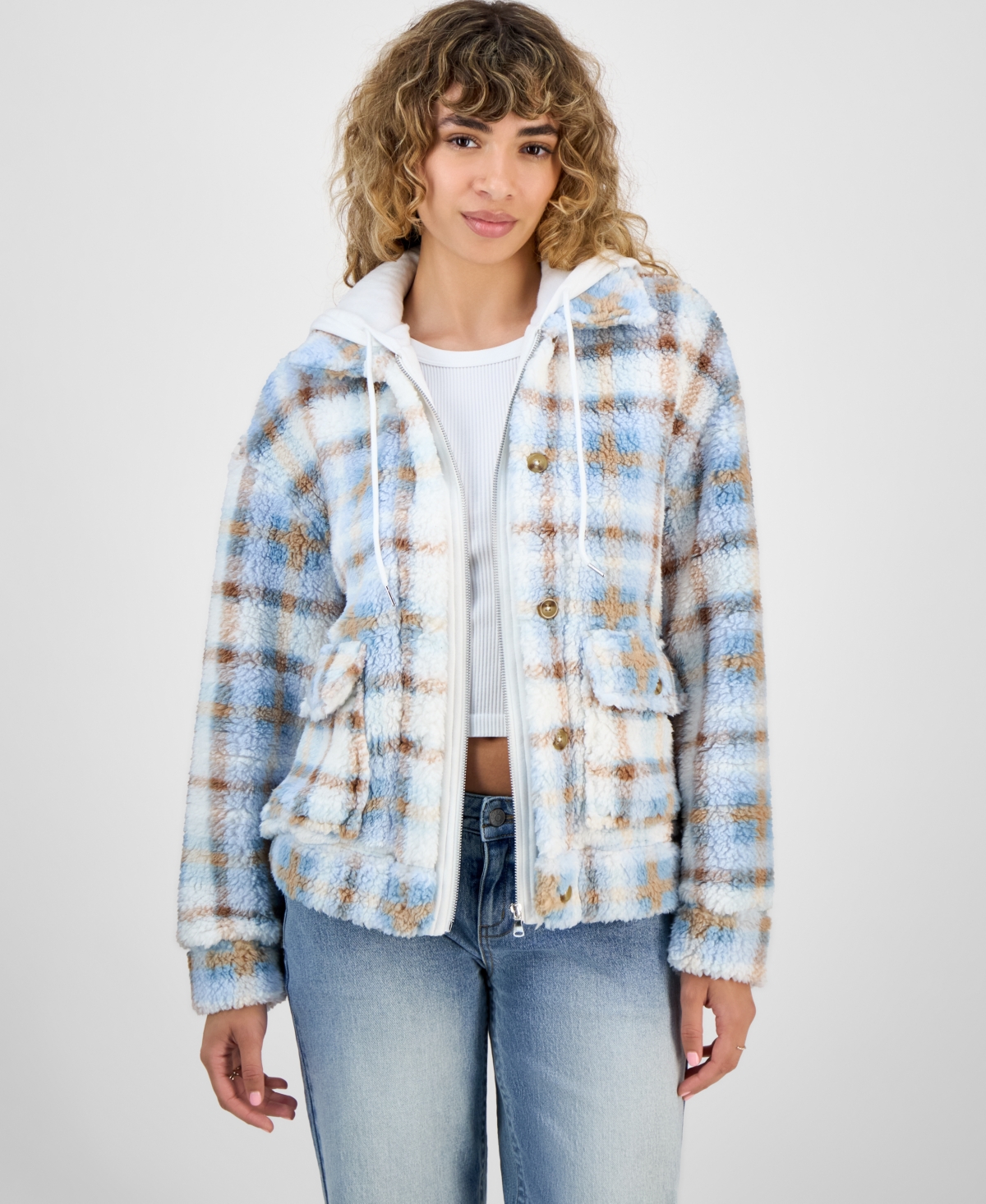 Click here for Madden Girl Juniors Plaid Long-Sleeve Sherpa Jacke... prices