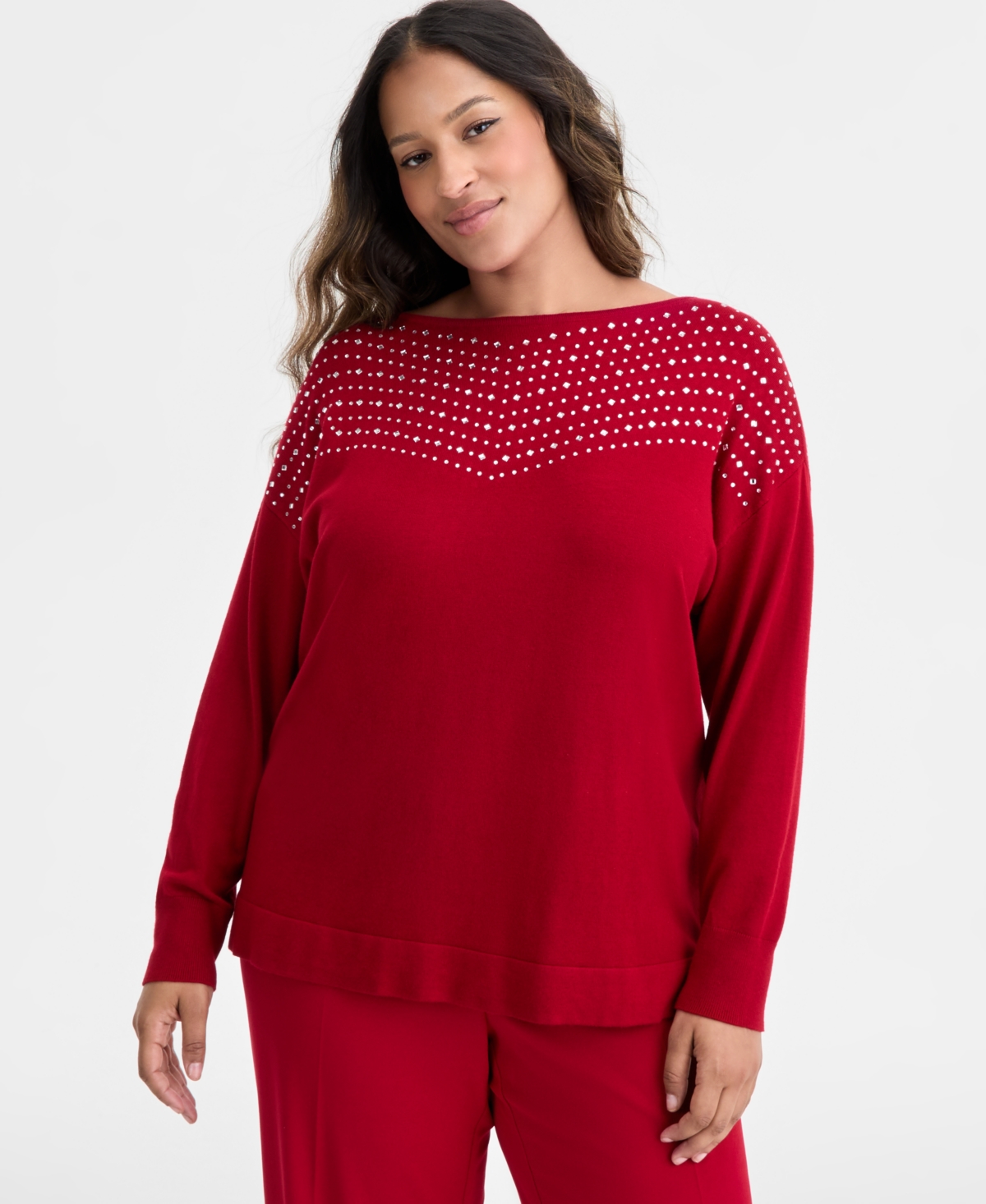 Click here for Ak Anne Klein Plus Size Embellished Boat-Neck Swea... prices
