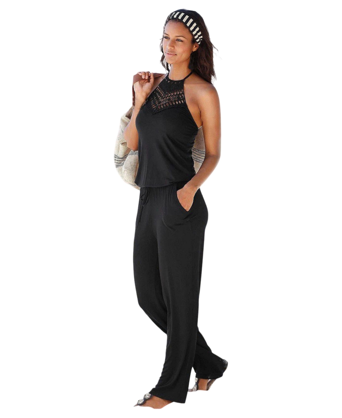 Click here for Lascana Womens Crochet Halterneck Jumpsuit - Black prices