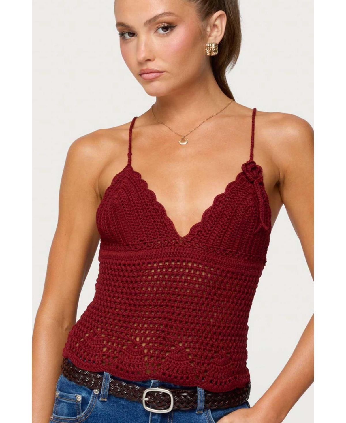 Click here for Edikted Womens Delila Crochet V Neck Top - Burgund... prices