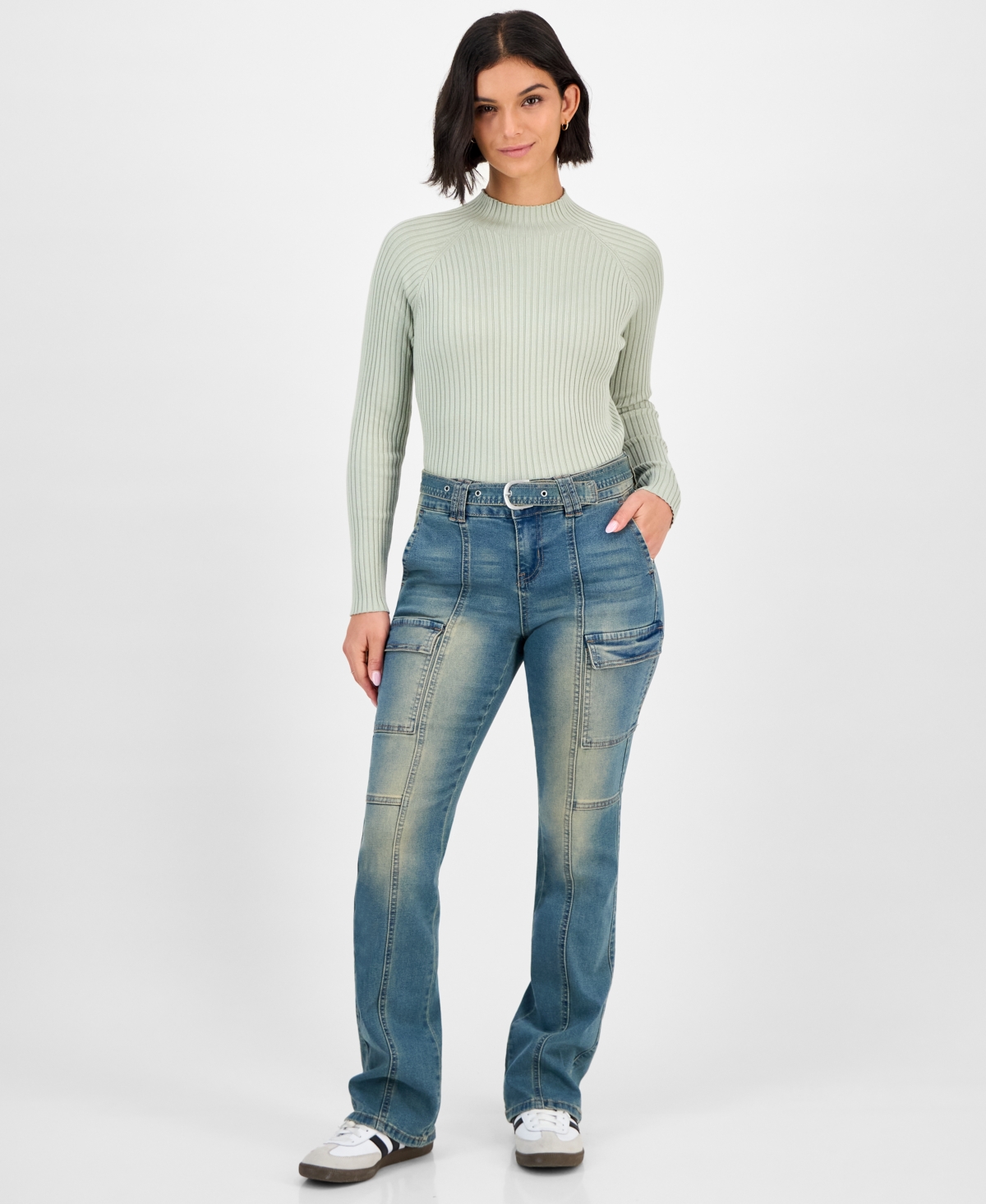 Click here for Madden Girl Juniors Belted Cargo Bootcut Jeans - T... prices